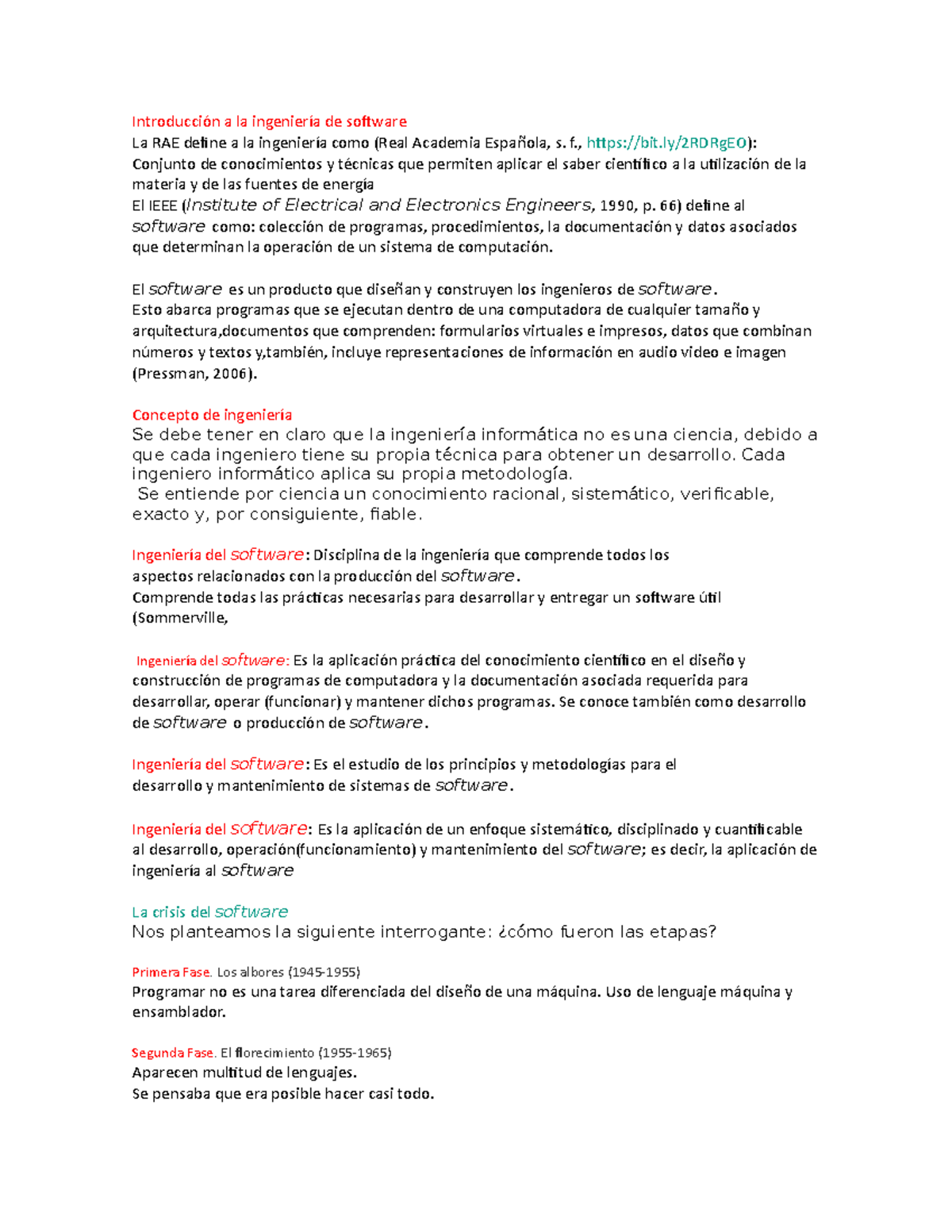 Resumen Ing Software - Introducción a la ingeniería de software La RAE ...