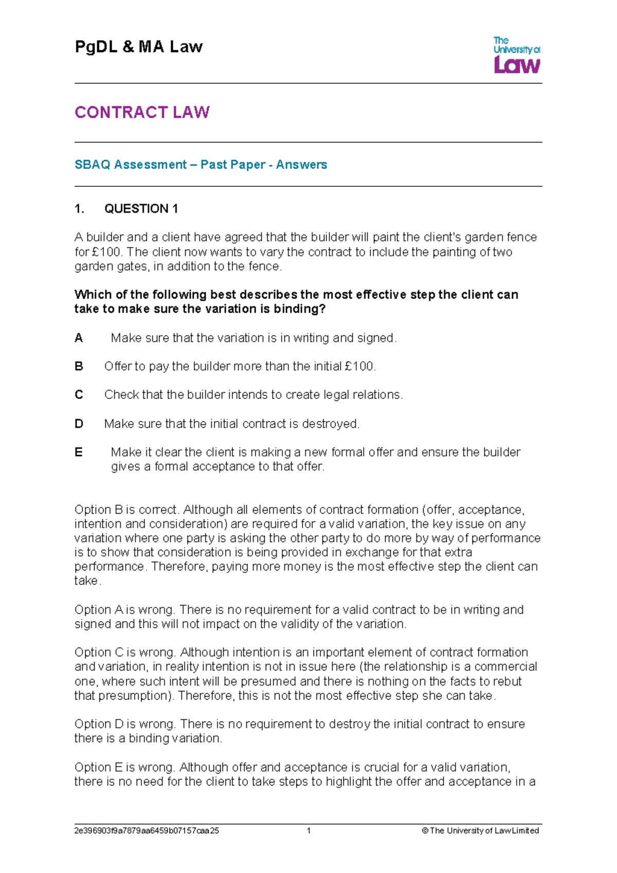 Pgdlma con ce01 past paper sbaq answers - CONTRACT LAW SBAQ Assessment ...