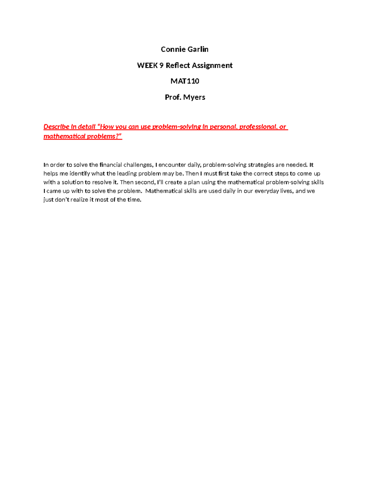 Connie Garlin MAT110 Week9 Assigment - Connie Garlin WEEK 9 Reflect Assignment MAT Prof. Myers ...