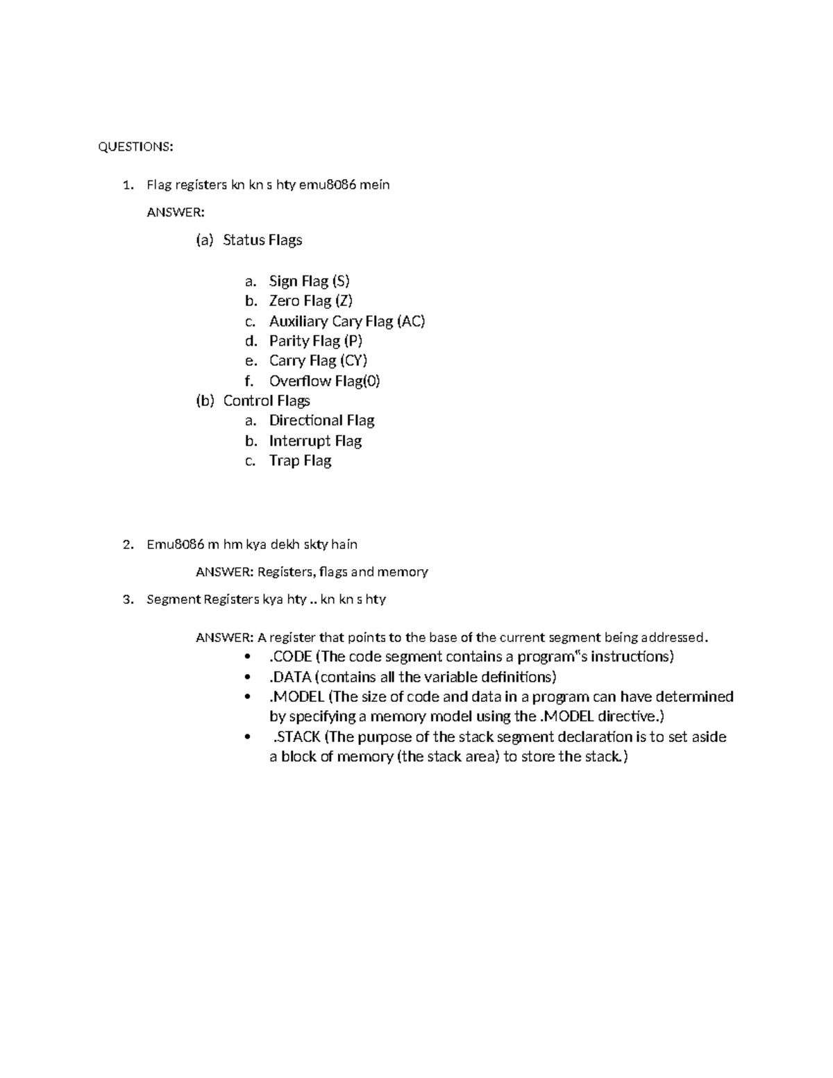 Cao lab - Lab is important - QUESTIONS: 1. Flag registers kn kn s hty ...