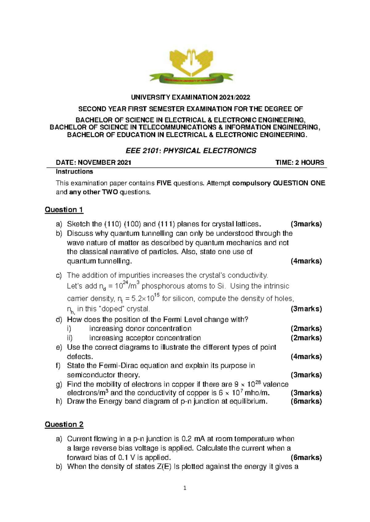 EEE 2101 Physical Electronics - 1 UNIVERSITY EXAMINATION 2021 /202 2 SECOND YEAR FIRST SEMESTER ...