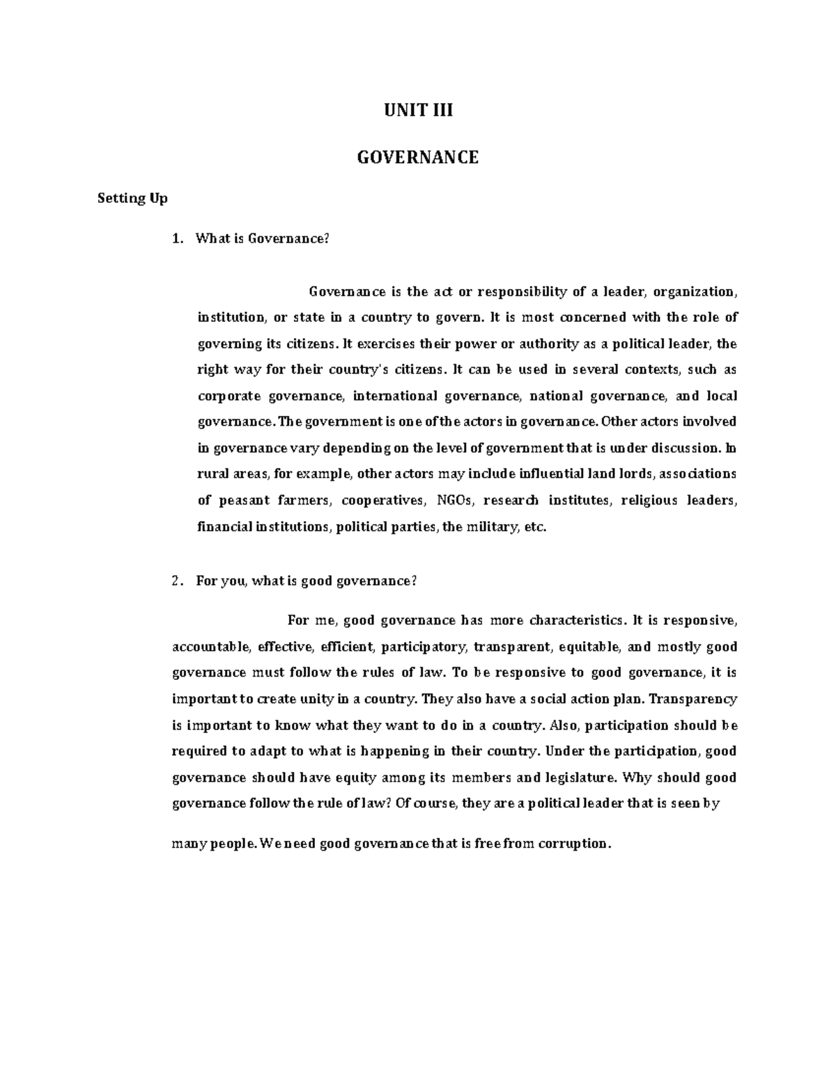 UNIT Iiigood Governance - UNIT III GOVERNANCE Setting Up What is ...
