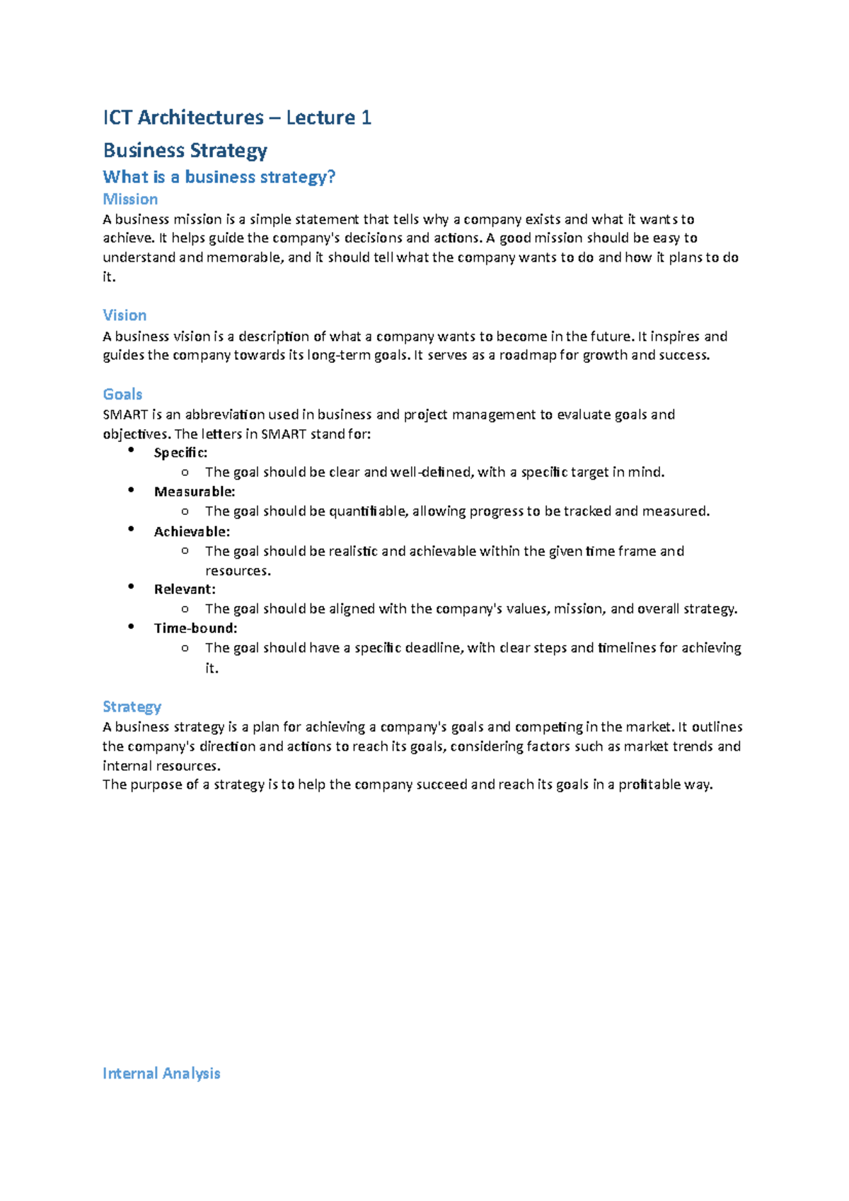 Ict Architectures Lecture 1 Ict Architectures Lecture 1 Business Strategy What Is A