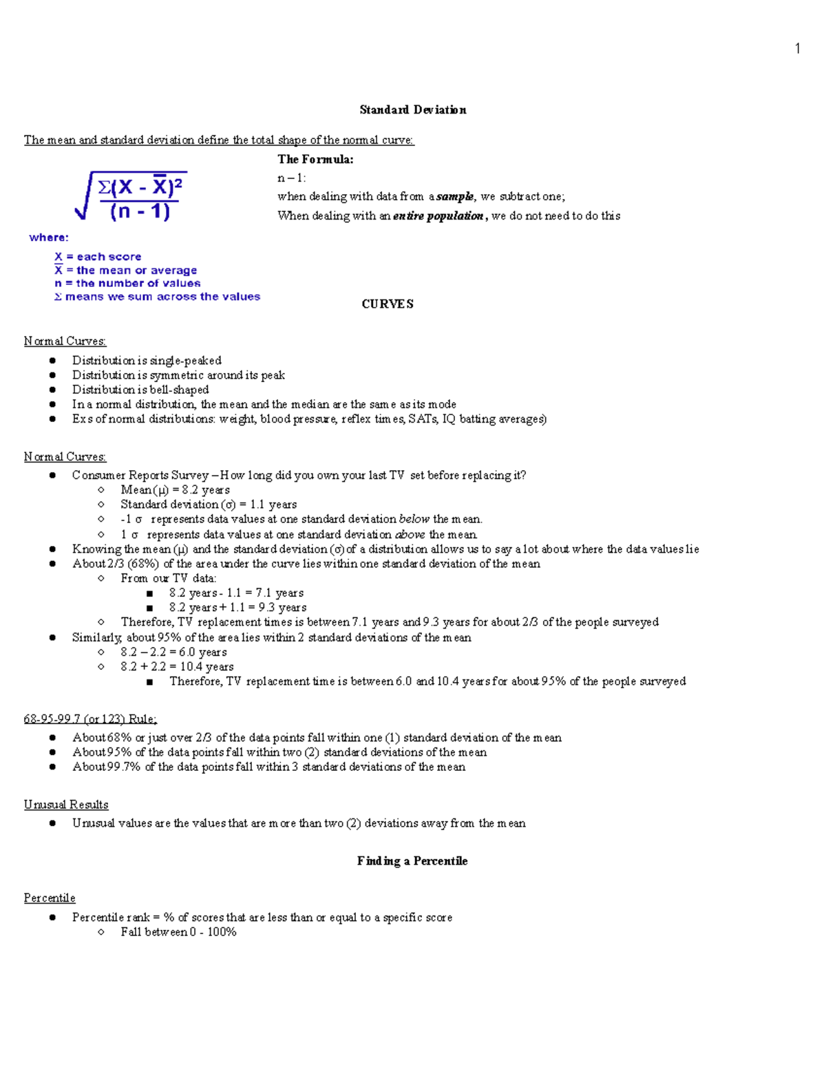 Final QM notes - Standard Deviation The mean and standard deviation ...