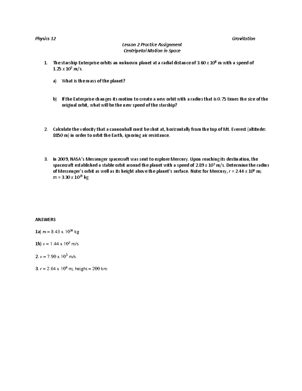 Assignment - 18 - Physics - 12 - Physics 12 Gravitation Lesson 2 ...
