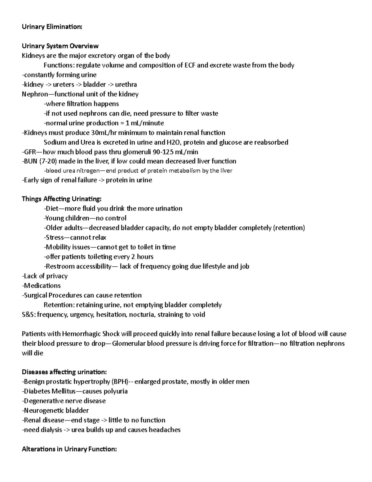 Urinary Elimination - Lecture notes 12 - NUR 101 - SCCC - Studocu