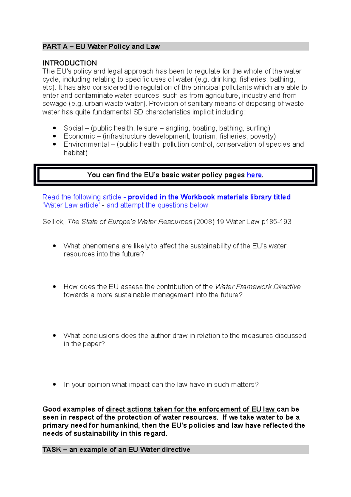 Eu workbook - Lecture notes 1 - PART A – EU Water Policy and Law ...