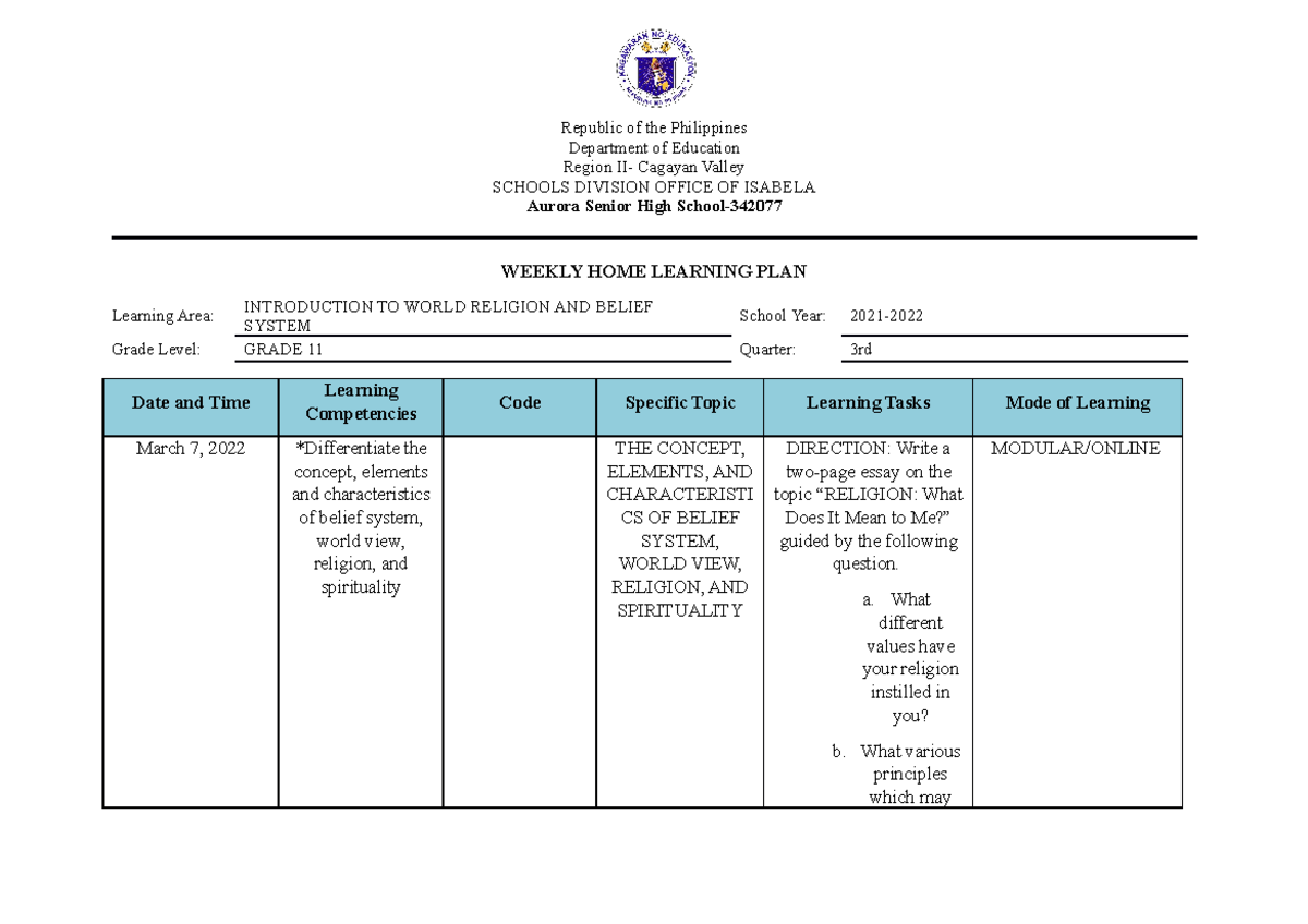 Weekly-HOME- Learning-PLAN and de - Department of Education Region II ...