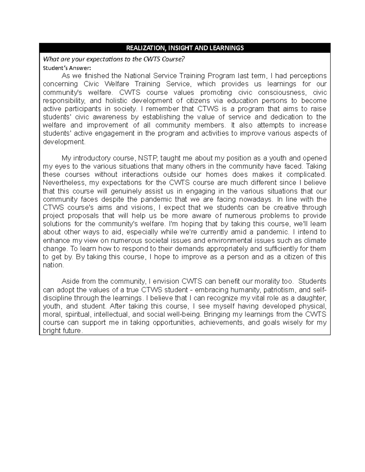 Form - CWTS101 Essay #1 - Grade: A - REALIZATION, INSIGHT AND LEARNINGS ...