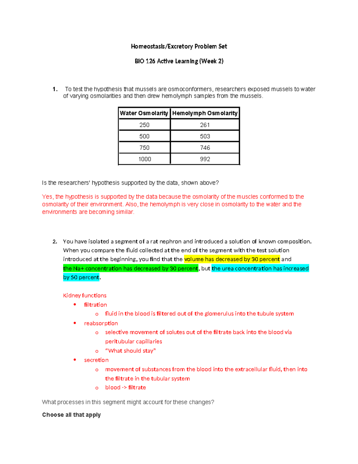 Bio 126 Week 2 Excretory Problem Set - Homeostasis/Excretory Problem ...
