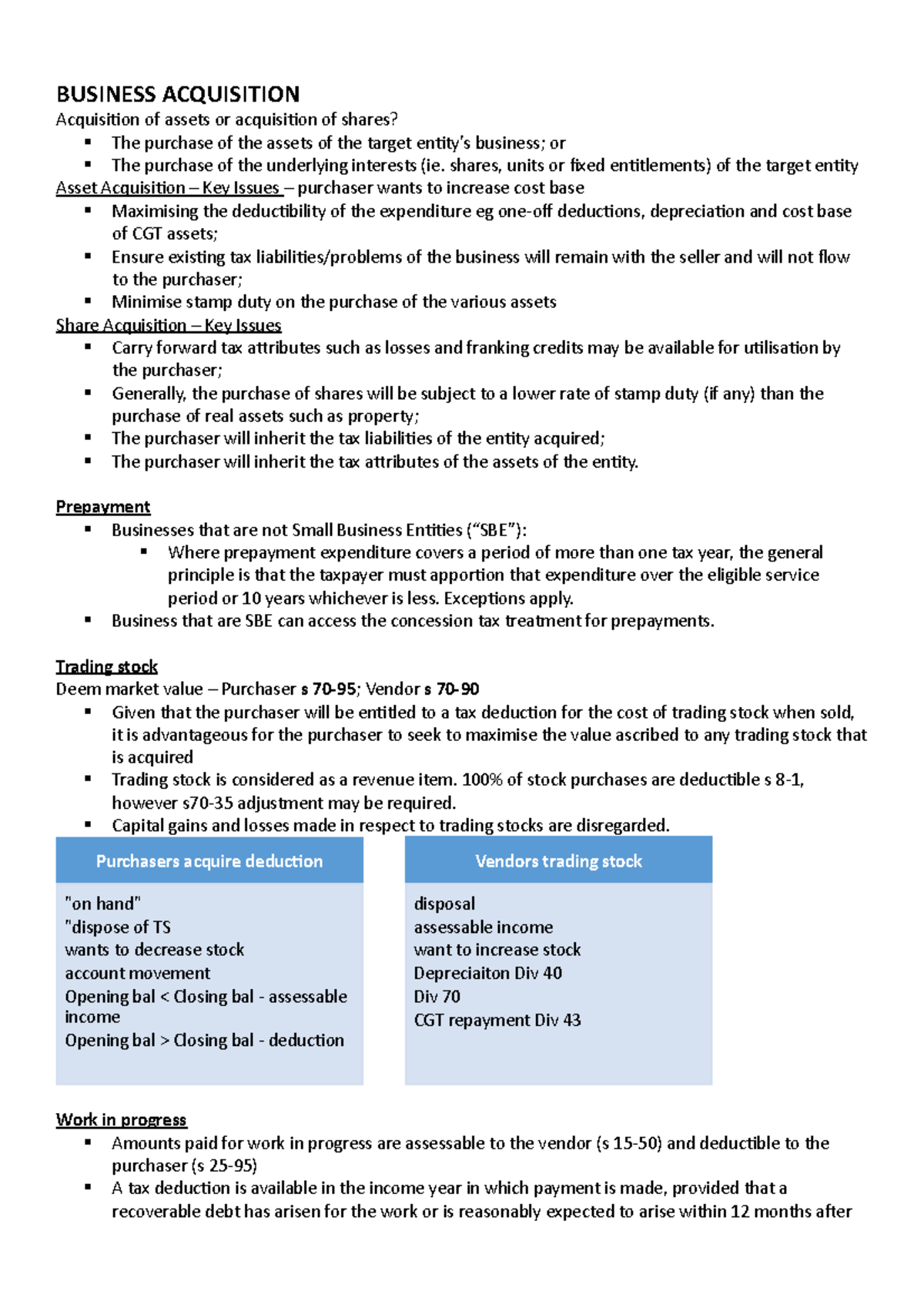 Bus tax final notes - Summary Business taxation - BUSINESS ACQUISITION ...