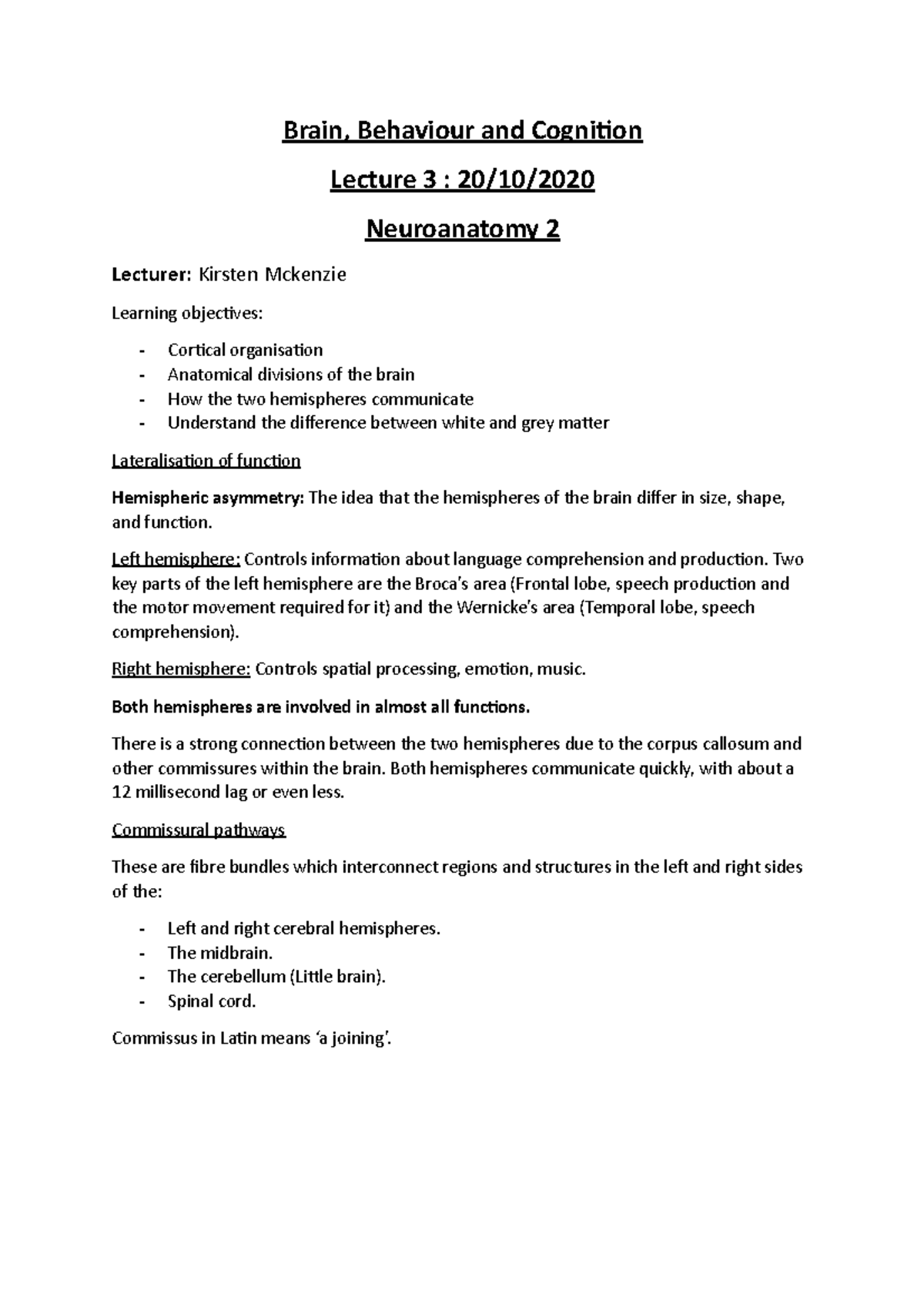 BBC - L3 - Neuroanatomy II - Brain, Behaviour and Cognition Lecture 3 : ...