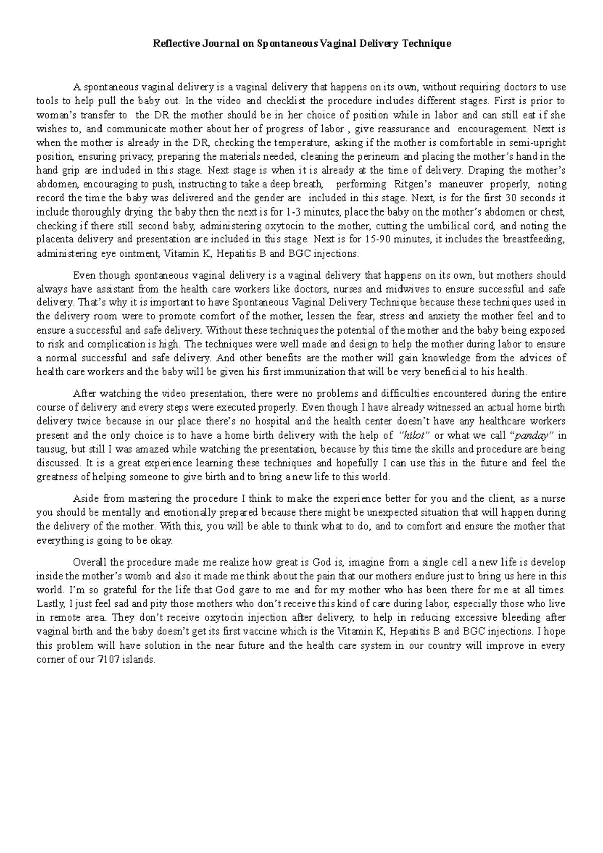 Reflective Journal on Spontaneous Vaginal Delivery Technique - In the ...