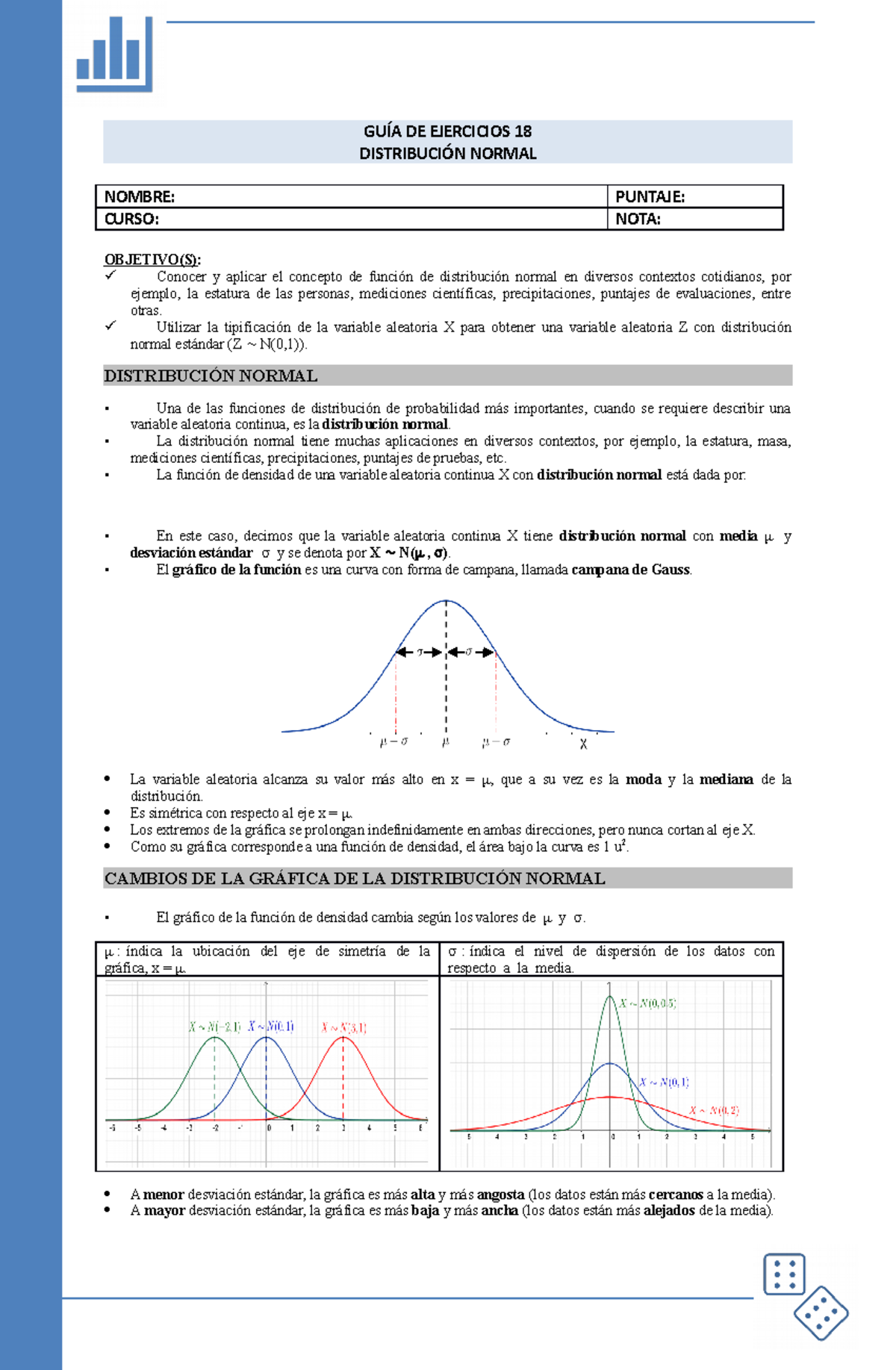 Clase 18 - Distribución Normal - GUÍA DE EJERCICIOS 18 DISTRIBUCIÓN ...