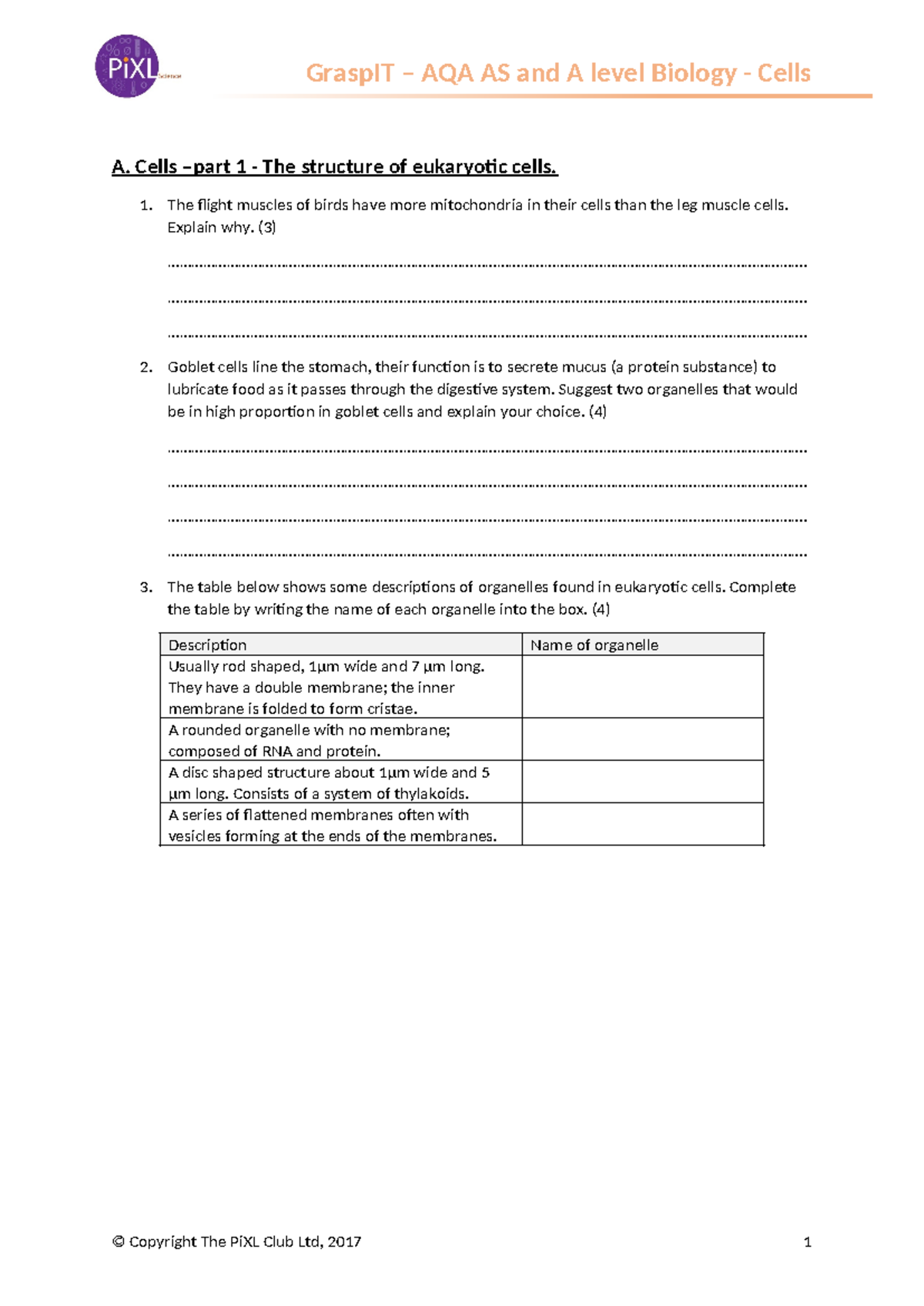 AQA Biology Cells Grasp IT AS A level Write on sheet - A. Cells –part 1 ...