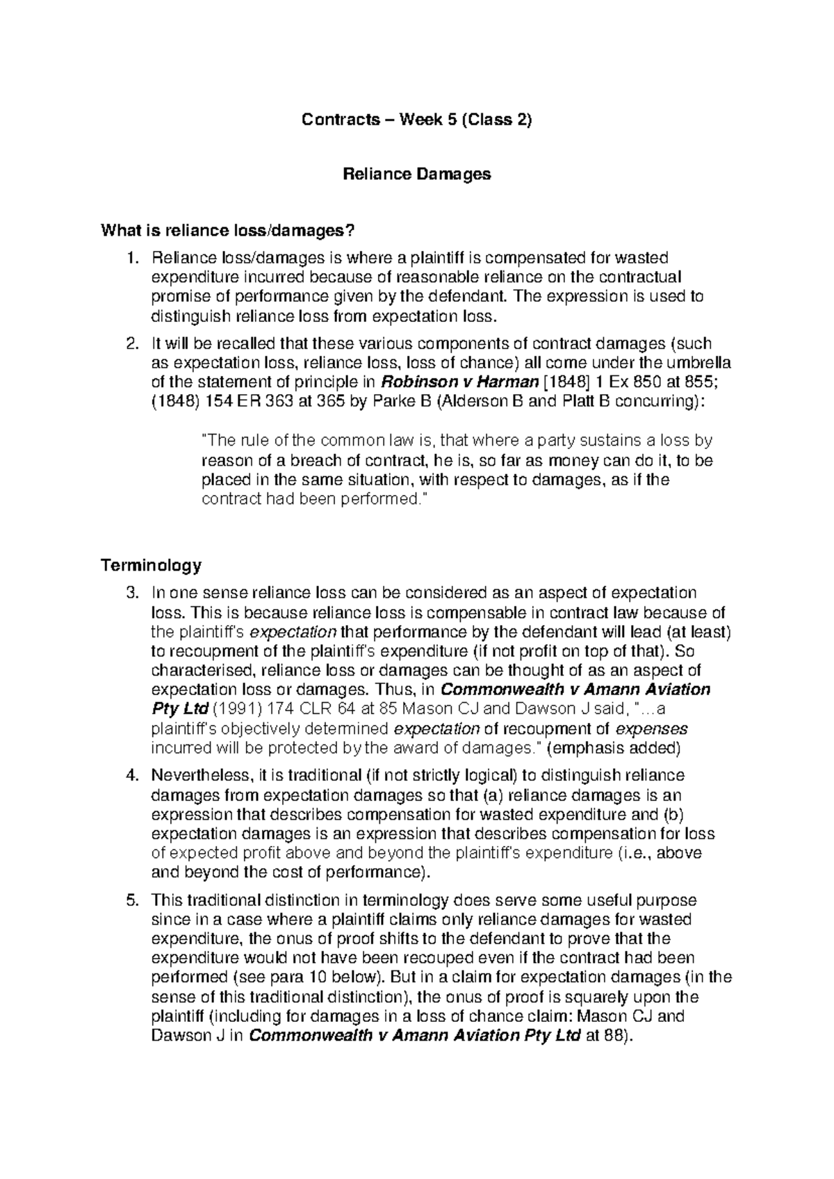 Contracts Notes - Contracts – Week 5 (Class 2 ) Reliance Damages What ...