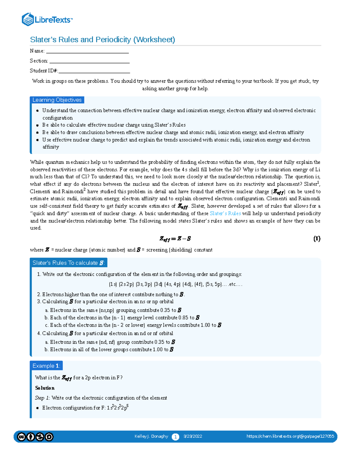 Slaters Rules and Periodicity (Worksheet) - Kelley J. Donaghy 1 3/23 ...