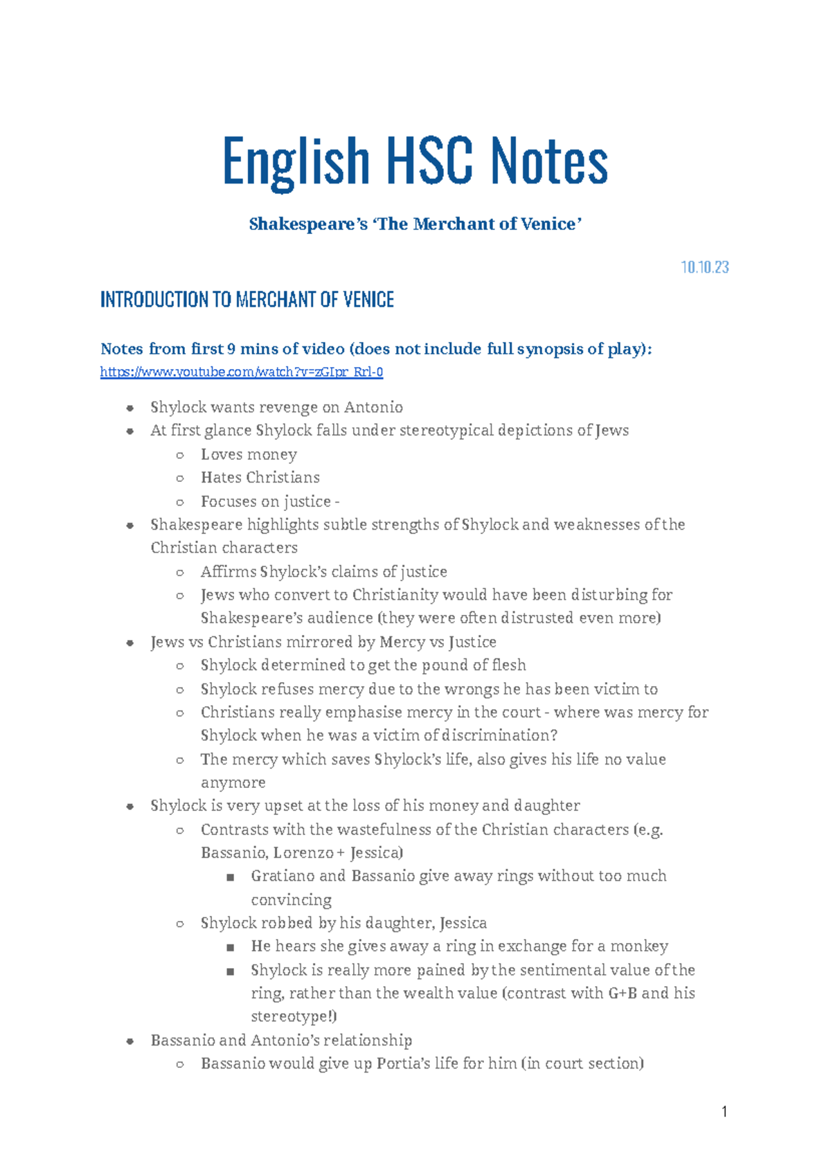 English HSC Notes - Merchant of Venice - English HSC Notes Shakespeare ...