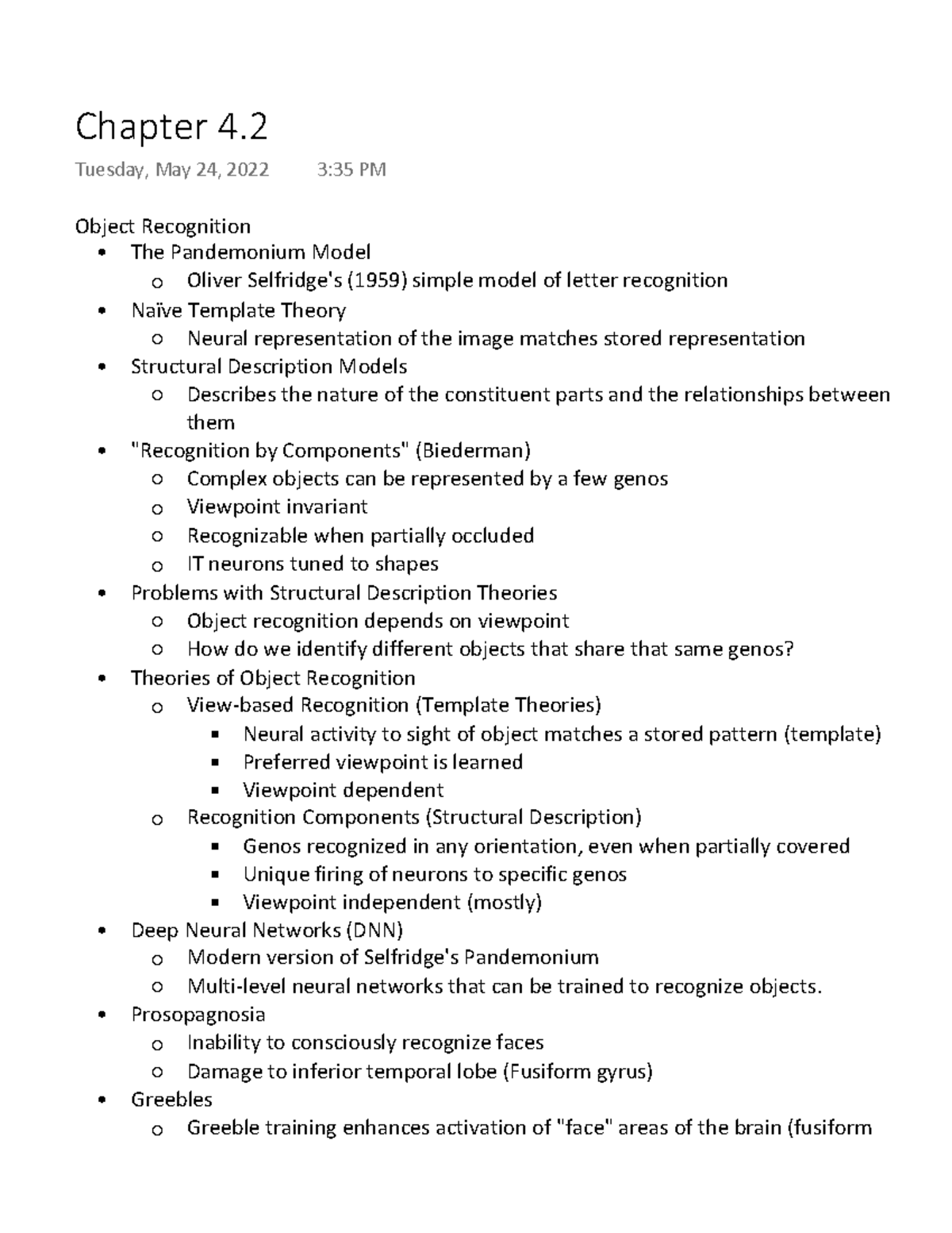 Chapter 4 - Notes - Object Recognition The Pandemonium Model Oliver ...