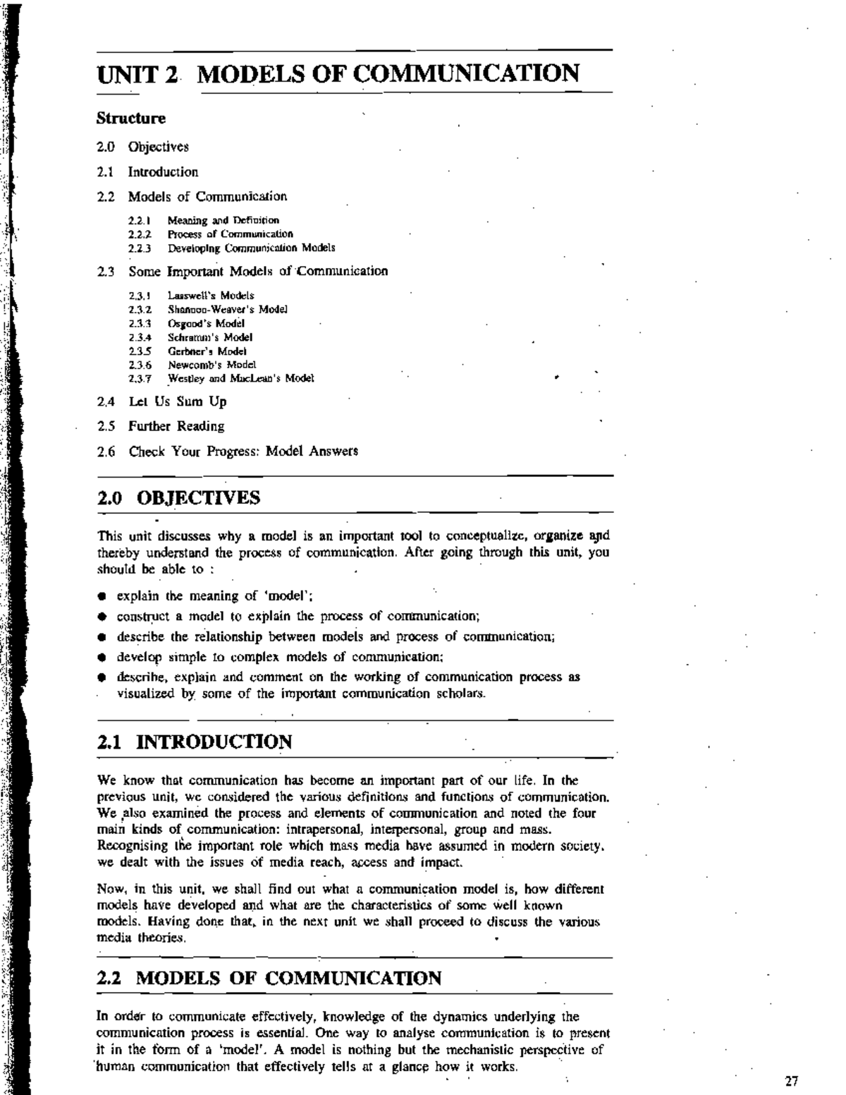models of communication - UNIT 2 MODELS OF COMMUNICATION Structure 2 ...