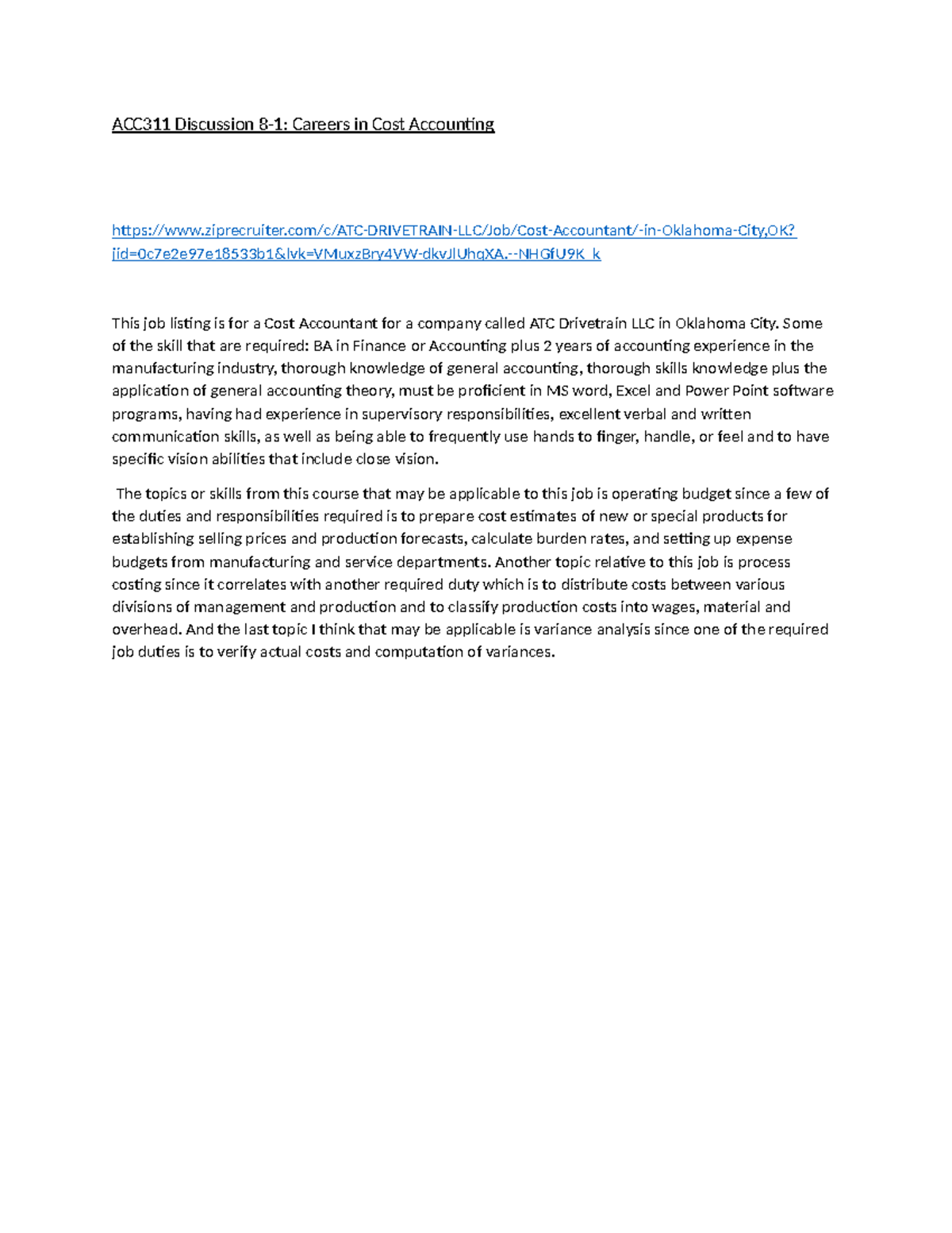 ACC311 Discussion 8-1 - Careers in Cost Accounting - ACC311 Discussion ...