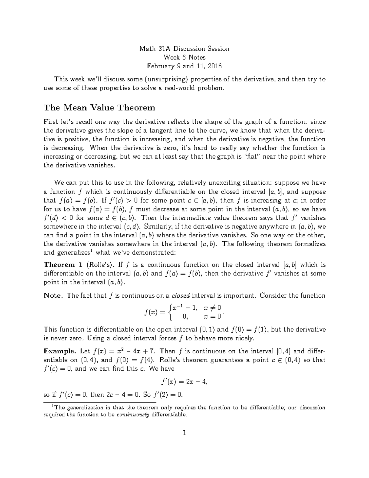 Week-6 mean value theorem - Math 31A Discussion Session Week 6 Notes ...