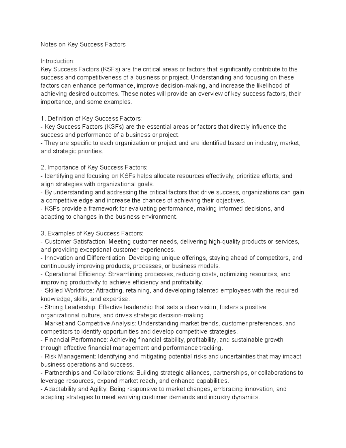 BU111 KSF Notes - Notes on Key Success Factors Introduction: Key ...