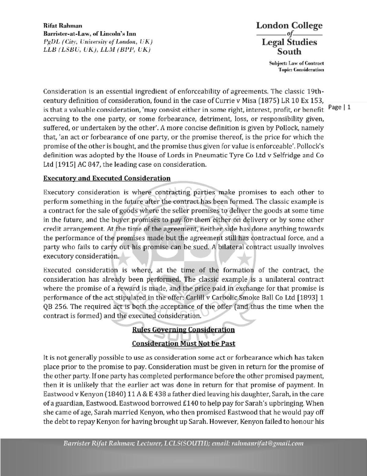 Consideration Detailed Handout i 2021 1 - Contract Law - Studocu