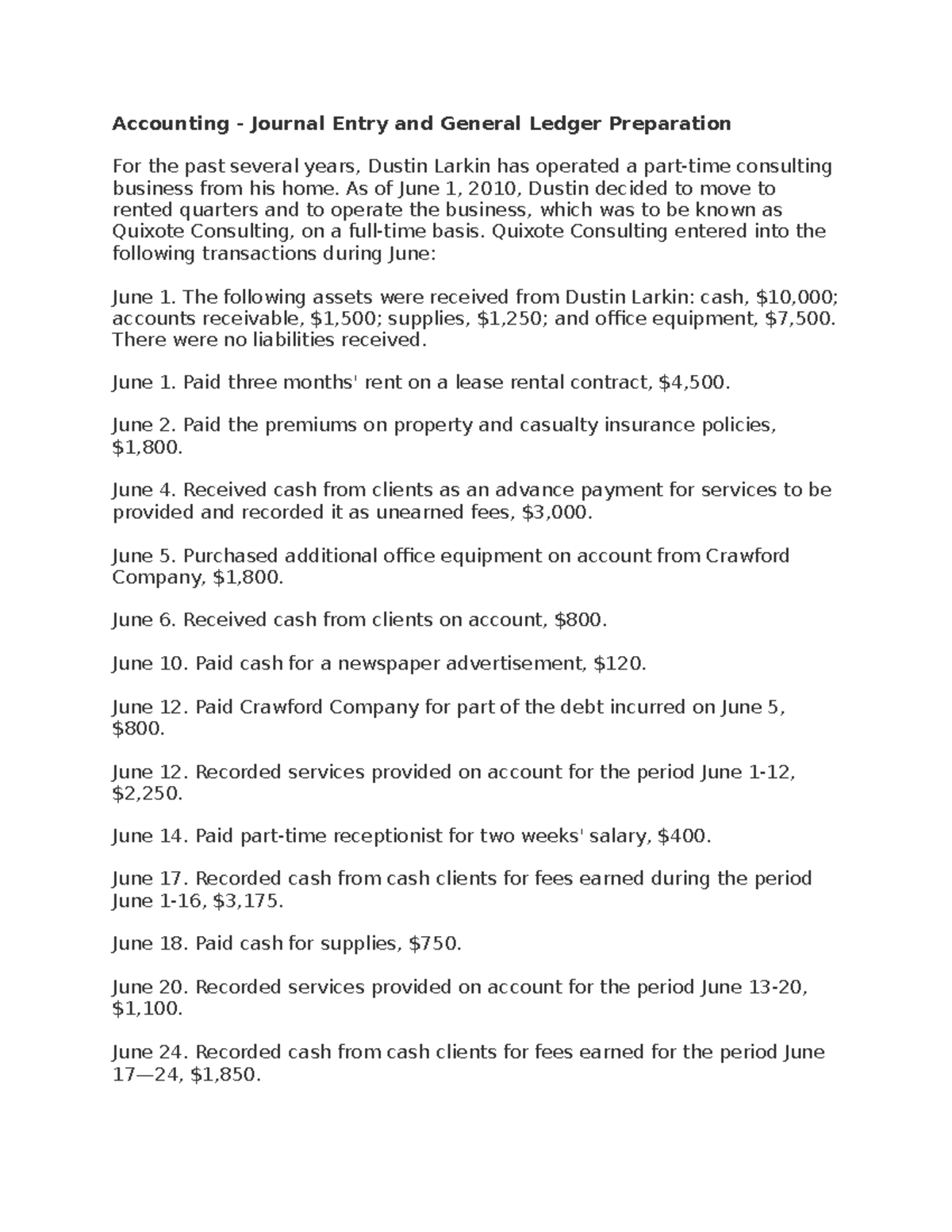 Accounting - Journal Entry and General Ledger Preparation - Accountancy ...