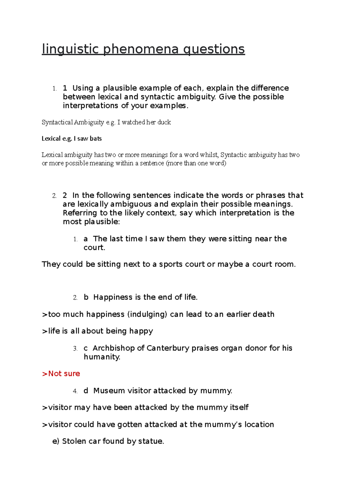 Linguistic phenomena questions - 1 Using a plausible example of each ...