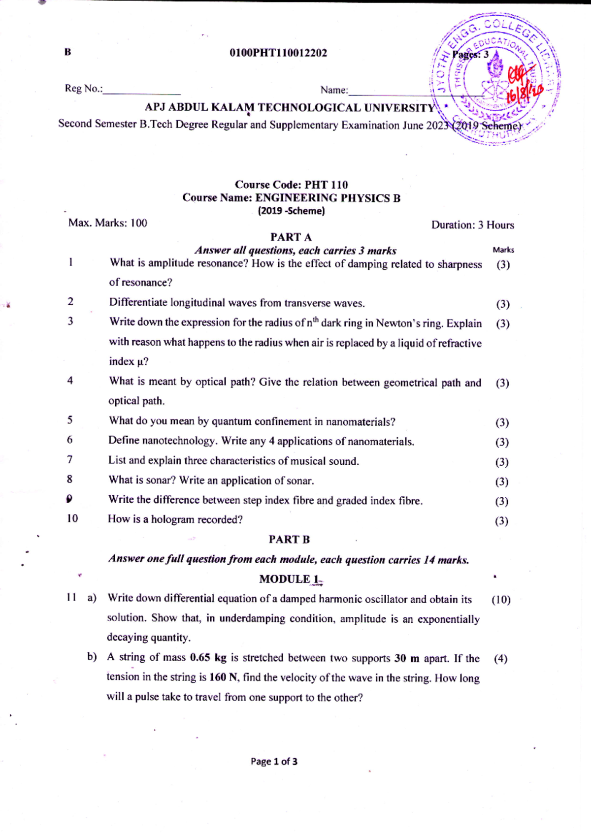 PHT110 Engineering Physics B, JUNE 2023 - B Reg No.: 0100PHT APJ ABDUL ...
