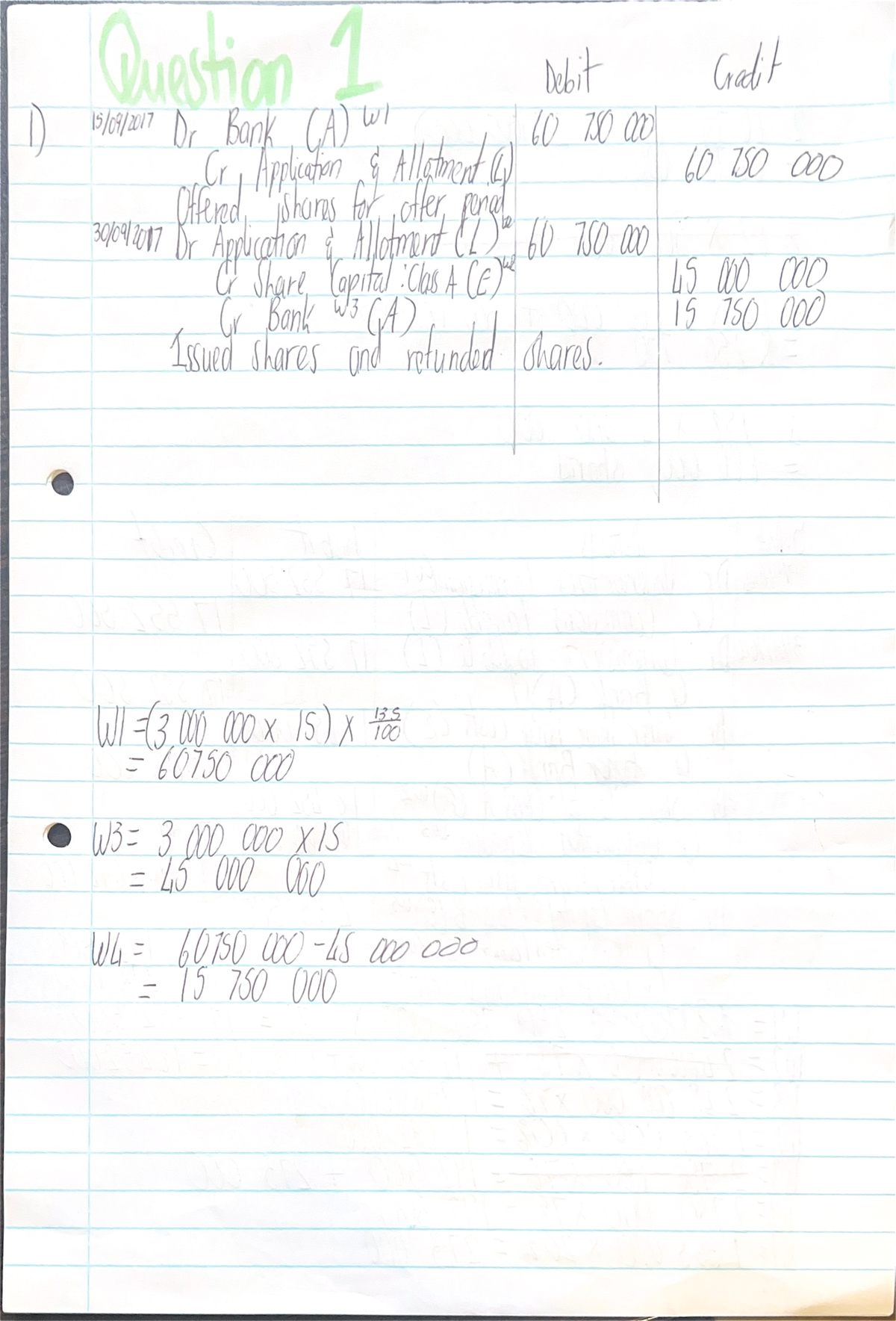 Tutorial 1 - Question 1 Debit Cradit 1) Dr Bank (A) WI 60 750 Cr ...