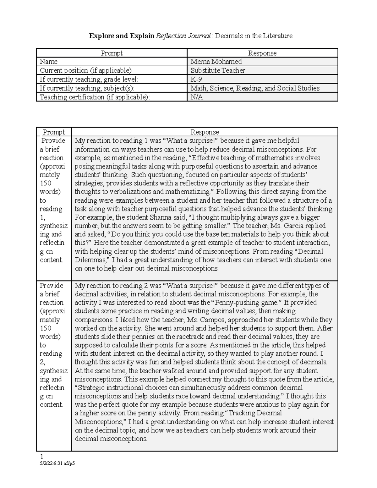 Explore and Explain Reflection Journal Decimals in the Literature ...