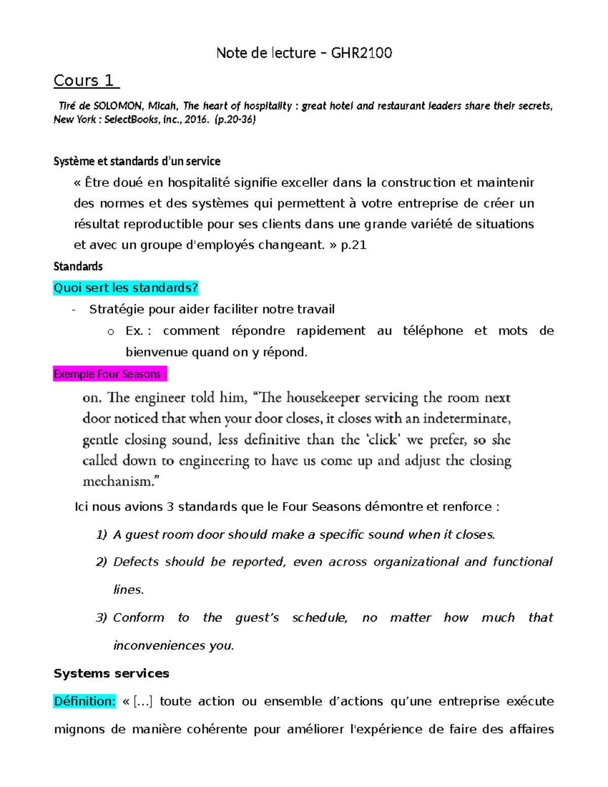 Note de lecture - cours 1 & 2 - Note de lecture – GHR Cours 1 Tiré de SOLOMON, Micah, The heart ...