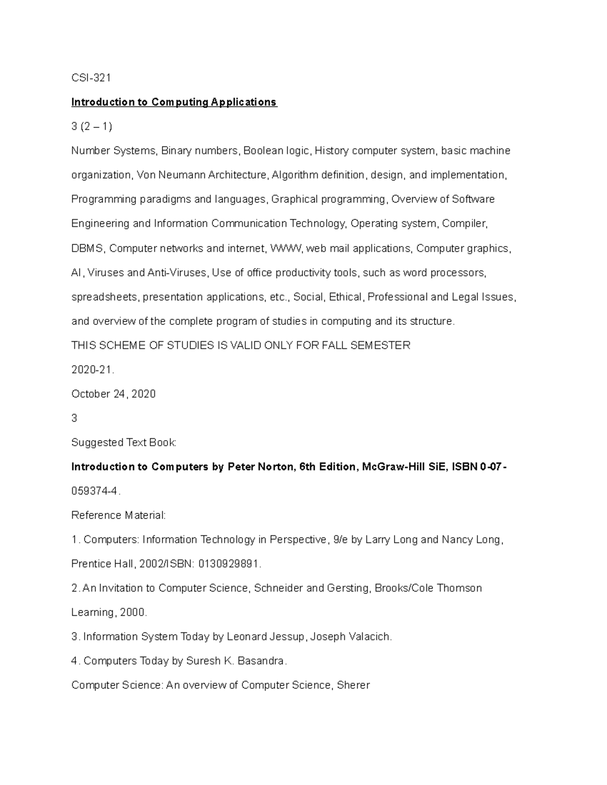 Introduction to Computing Applications(Course Outline) - CSI ...