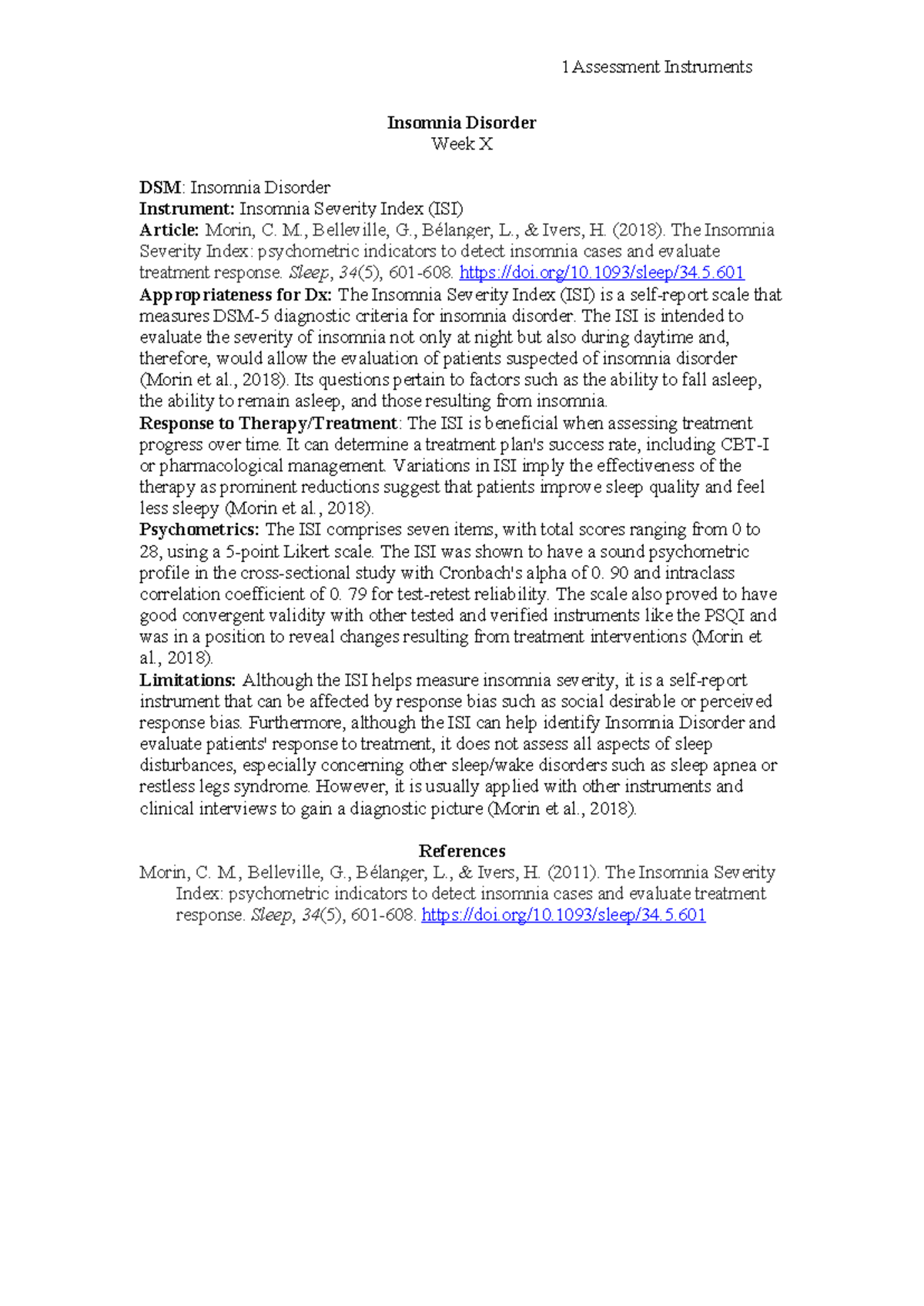 Insomnia Disorder - Use a mental health instrument tool - 1 Assessment ...