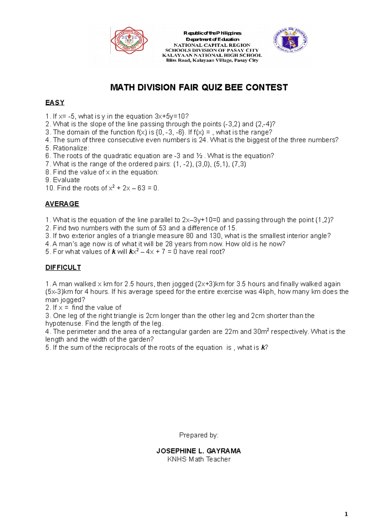 For mathematics - MATH DIVISION FAIR QUIZ BEE CONTEST EASY If x= -5 ...