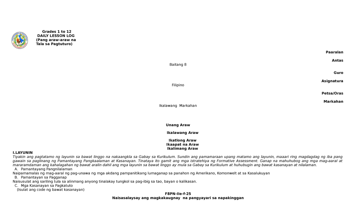 2.4 sarswela - SAMPLE LESSON - Grades 1 to 12 DAILY LESSON LOG (Pang ...