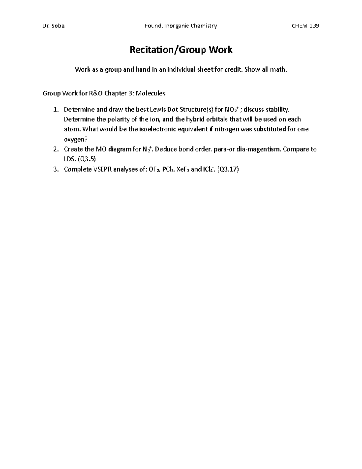 Chapters 3 and 4 Group Work 1 - Recitation/Group Work Work as a group ...