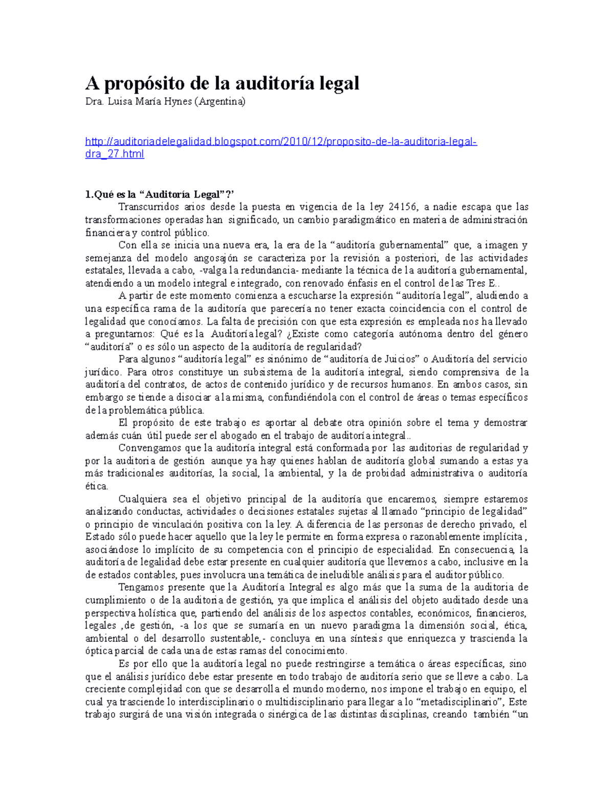 Hynes, María Luisa - A Propósito De La Auditoría Legal - A propósito de ...