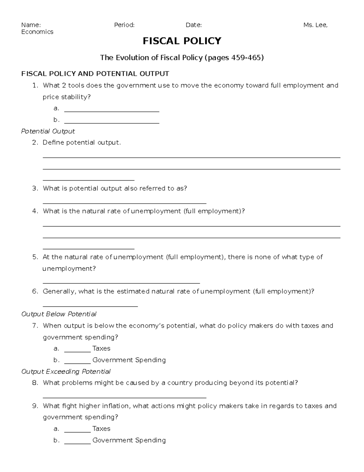 Fiscal Policy Textbook Worksheet lecture note diploma level - Name ...