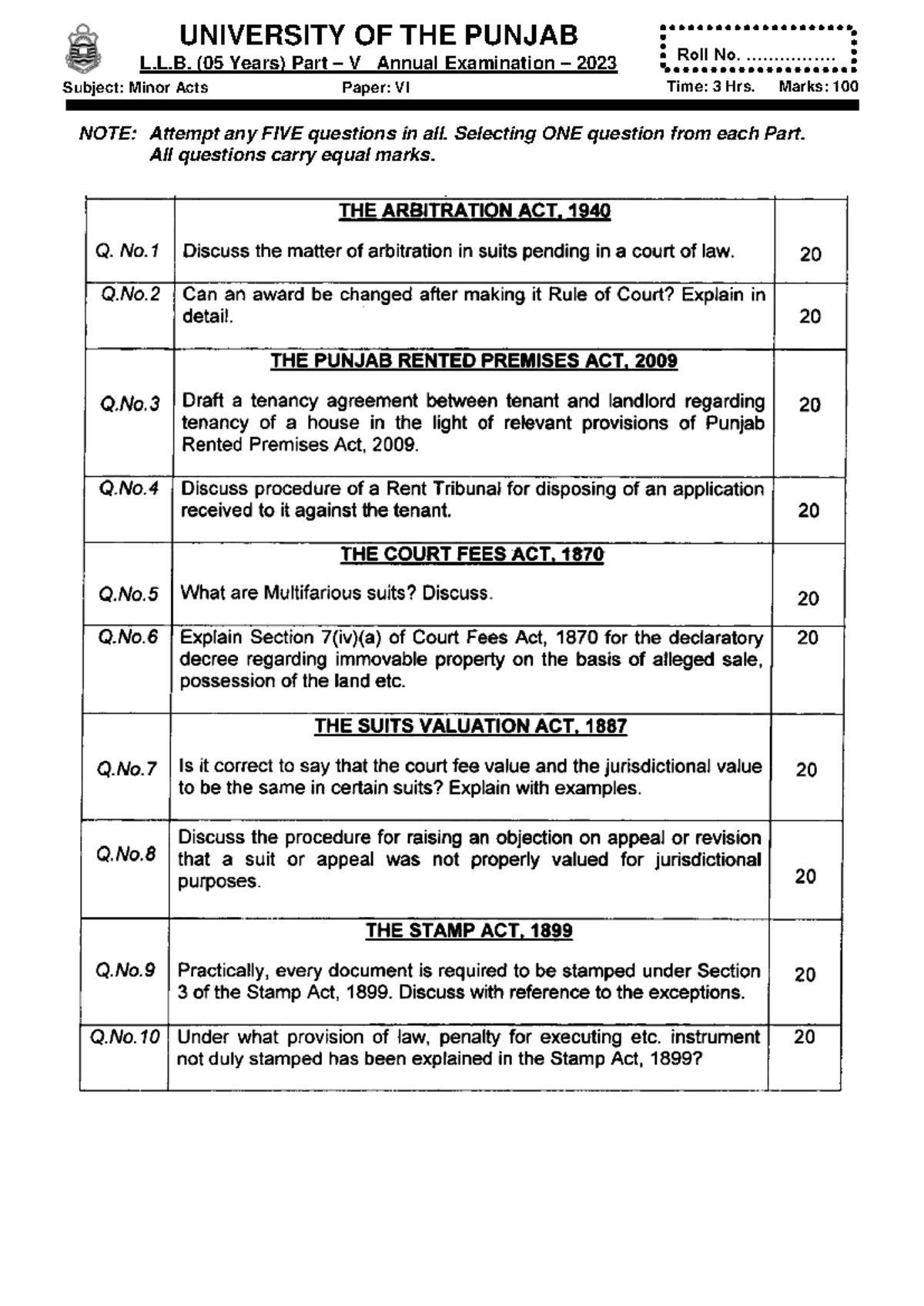 LLB PV 5Year Paper 6 - NOTE: Attempt any FIVE questions in all. Selecting ONE question from each ...