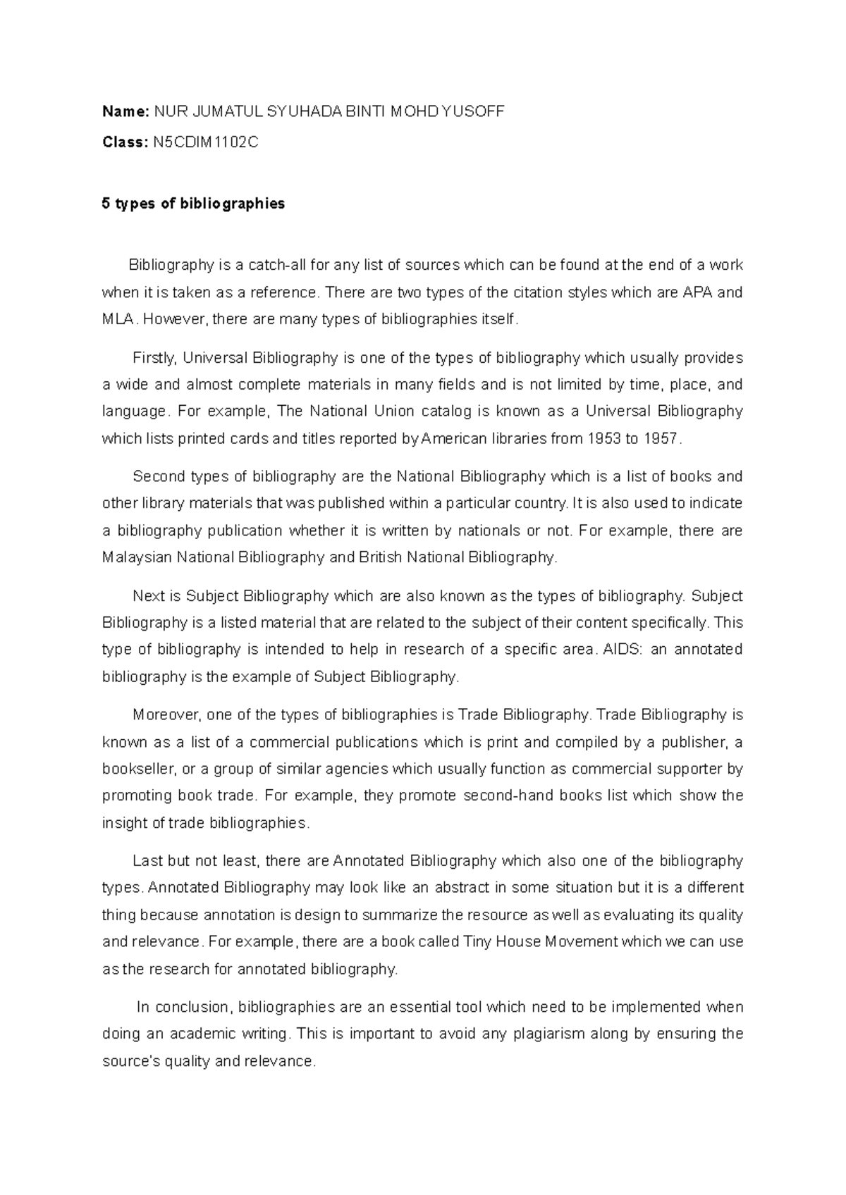5 types of bibliographies 2023614322 - Name: NUR JUMATUL SYUHADA BINTI ...