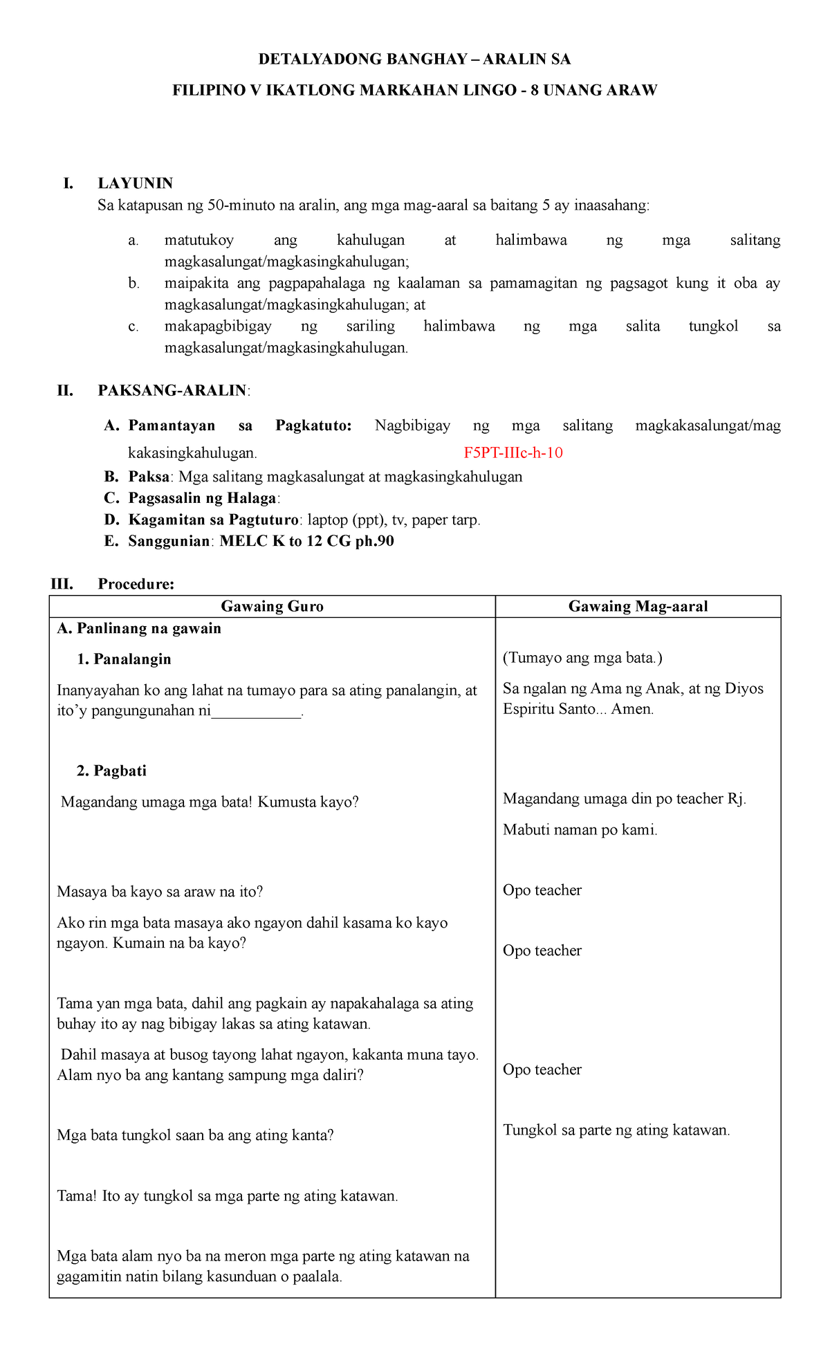 Detailed Lesson Plan in Filipino - DETALYADONG BANGHAY – ARALIN SA ...