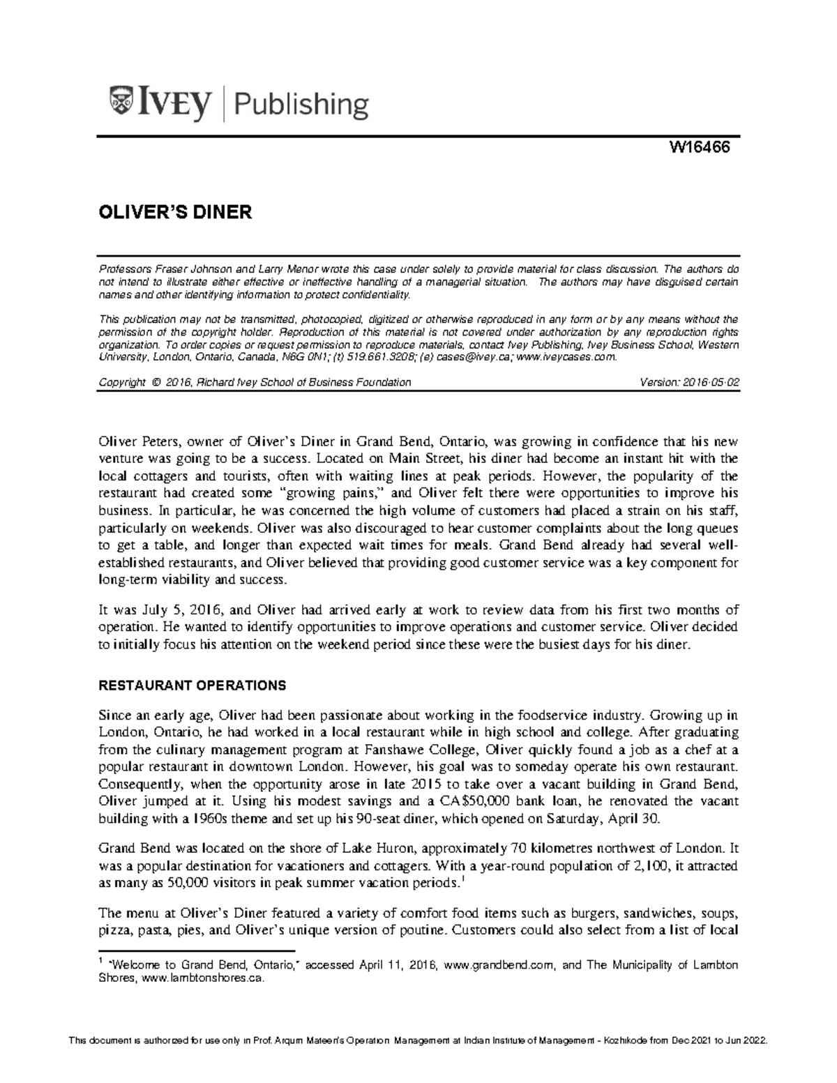 C1-Oliver - OM ass 1 - W OLIVER’S DINER Professors Fraser Johnson and ...