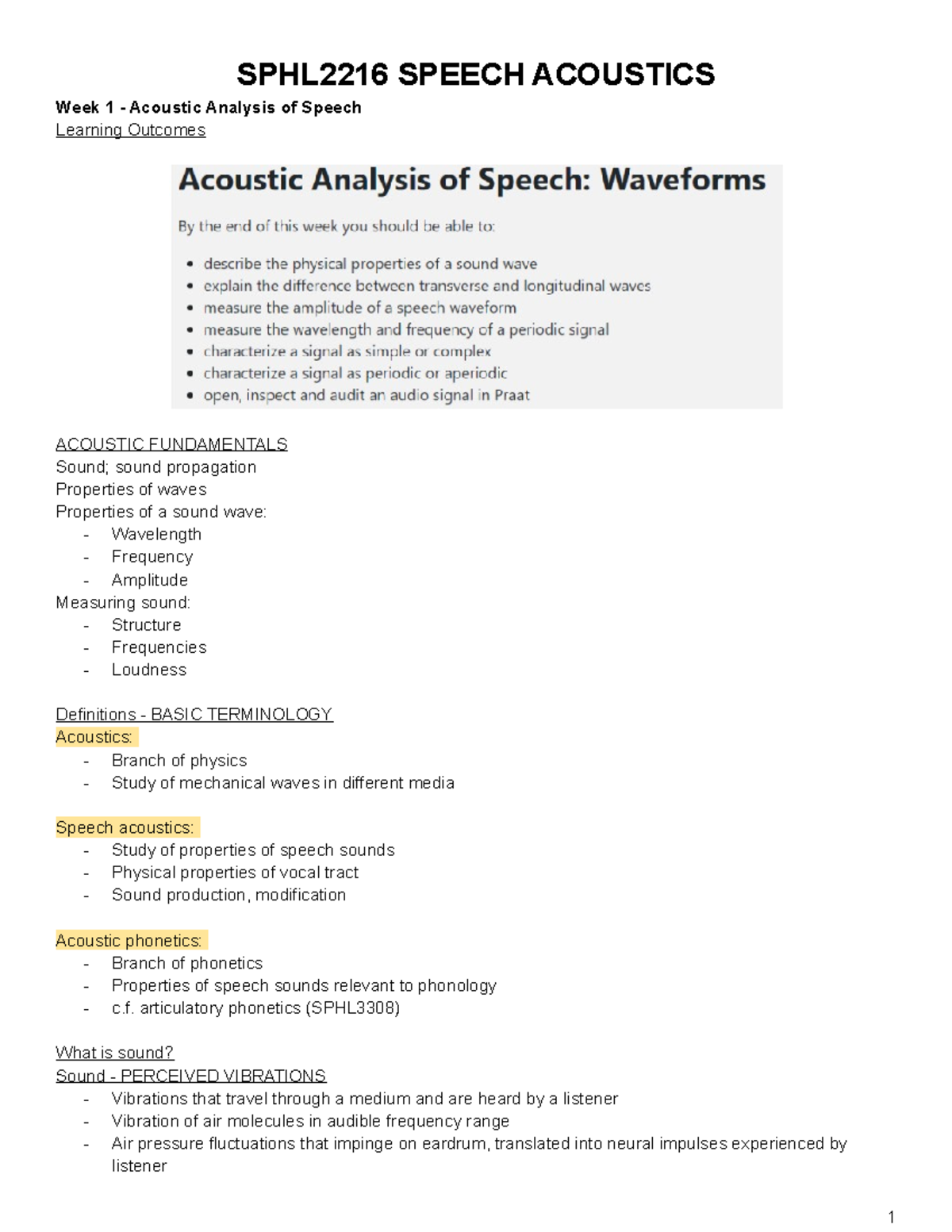 SPHL2216 Revision Guide - SPHL2216 SPEECH ACOUSTICS Week 1 - Acoustic ...