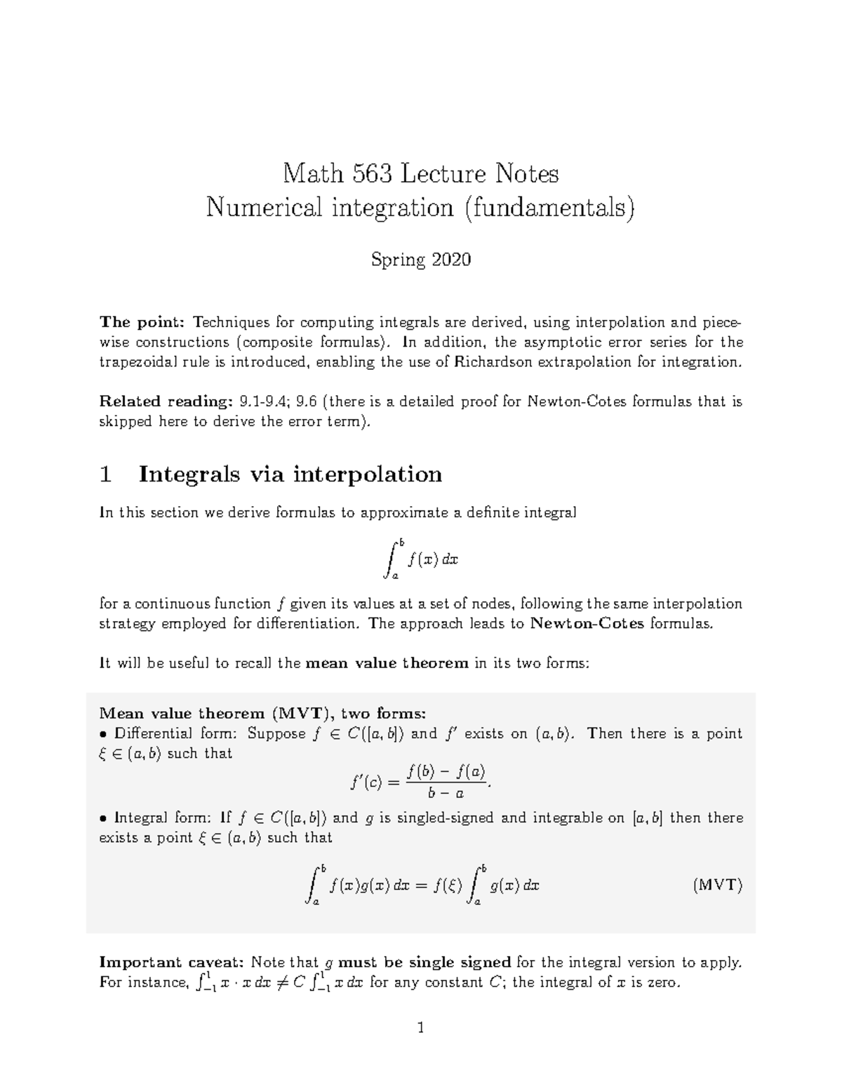 Lec3-integrals - Integration notes - Math 563 Lecture Notes Numerical ...