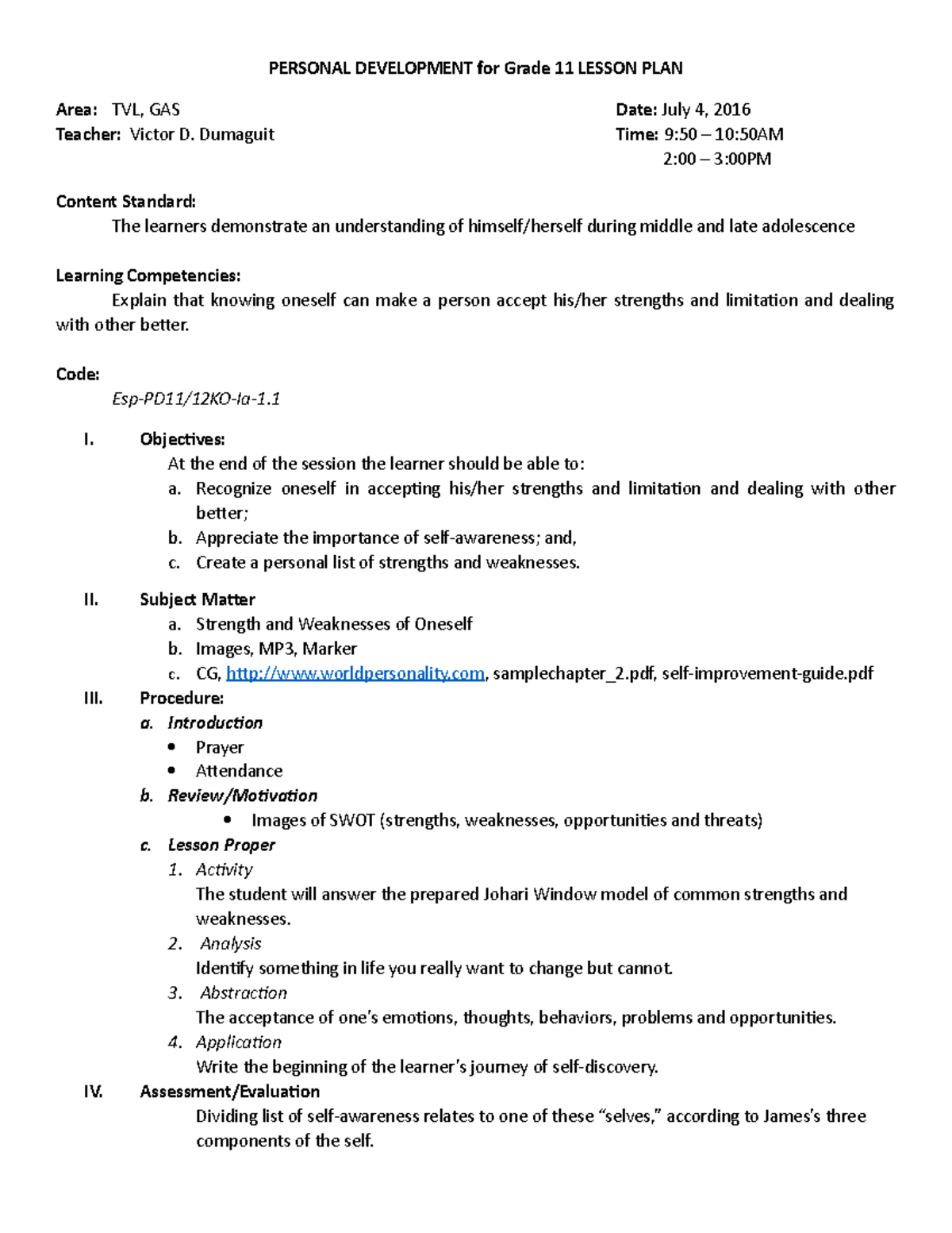 327878787 perdev 1st week 1 - Area: TVL, GAS Date: July 4, 2016 Teacher ...