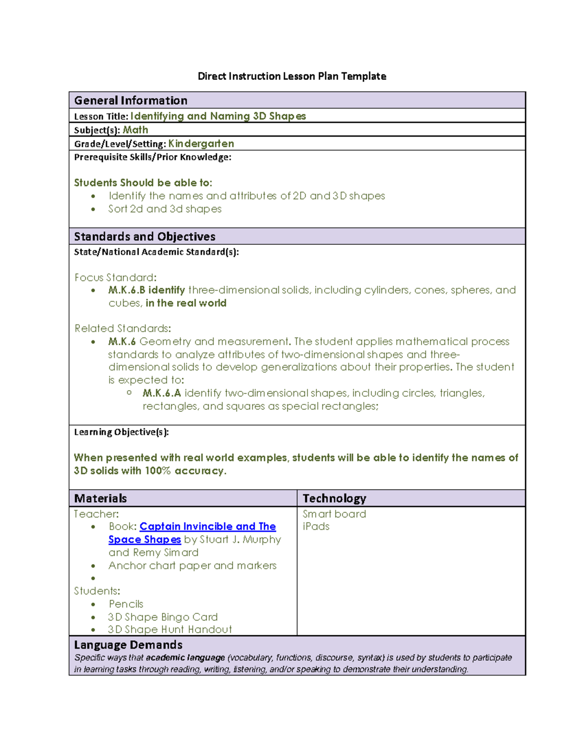 C381 Task 1 - Task 1 - Direct Instruction Lesson Plan Template General Information Lesson Title ...