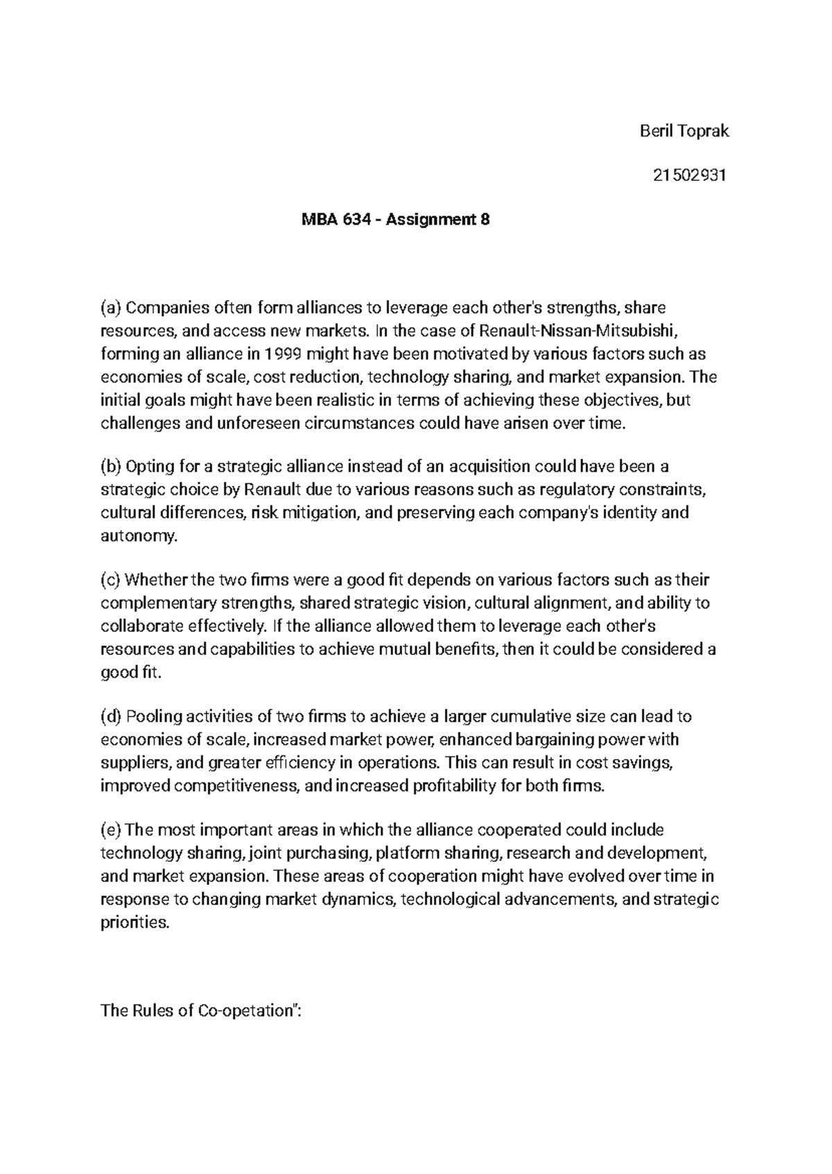 Assignment of Business Strategy - Beril Toprak 21502931 MBA 634 ...